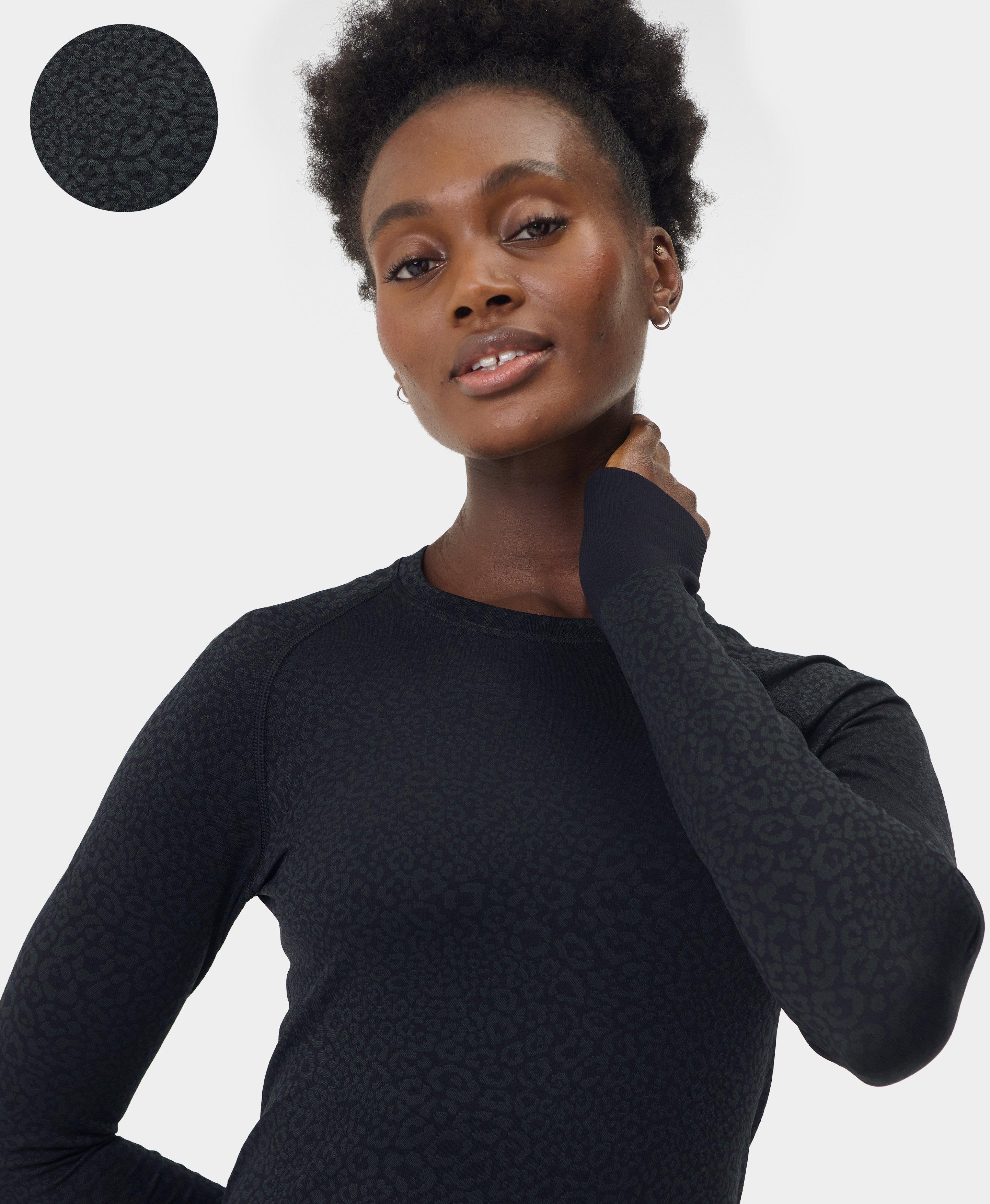 Athlete Seamless Workout Long Sleeve Tee - Black Leo Spots Jacquard | Women's Base Layers & Long ...