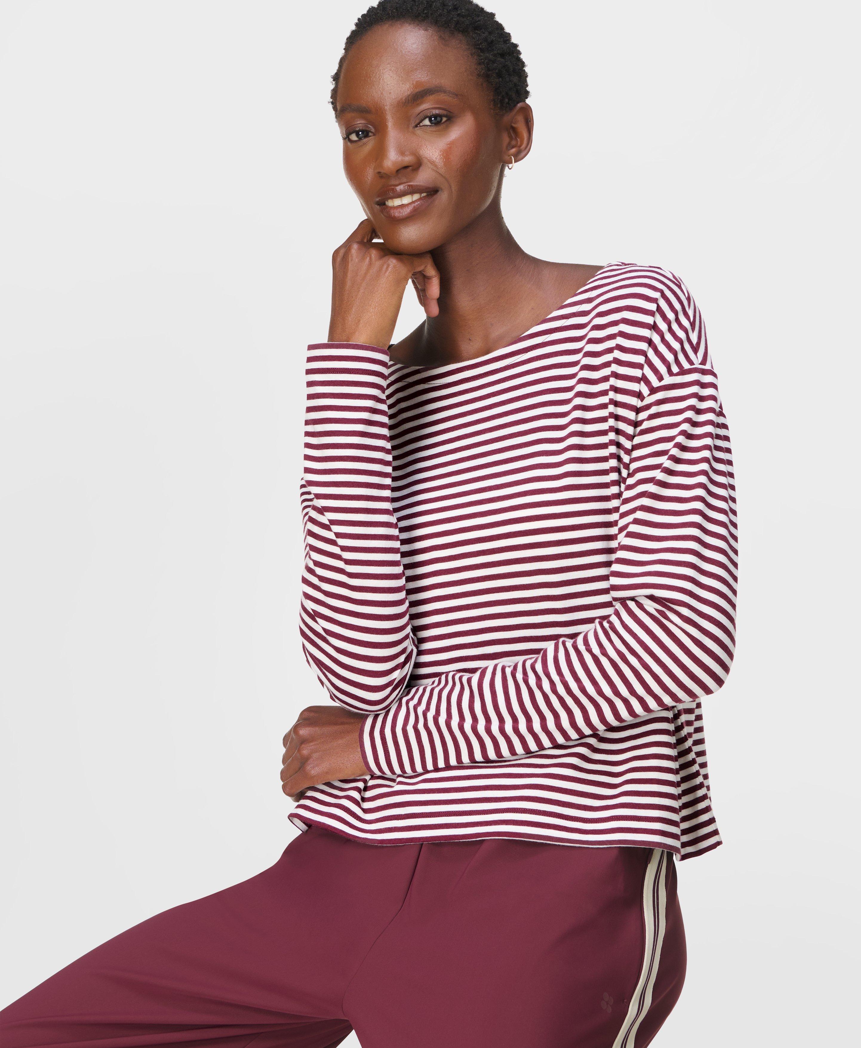 Essential Slash Neck T-Shirt - Lily White Garnet Red Stripe | Women's ...