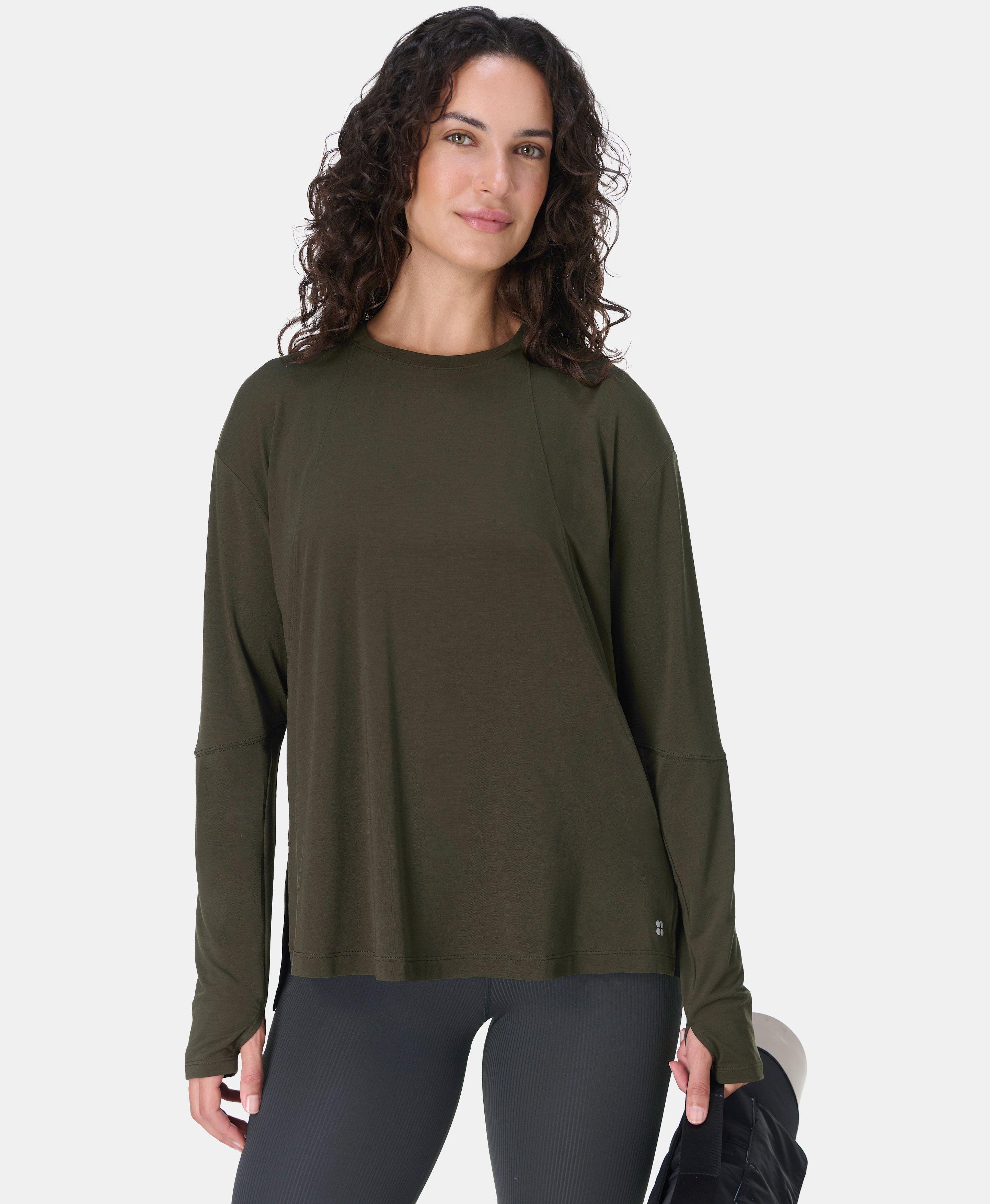 Soft Flow Studio Longline Long Sleeve Top - Nori Green | Women's Base ...