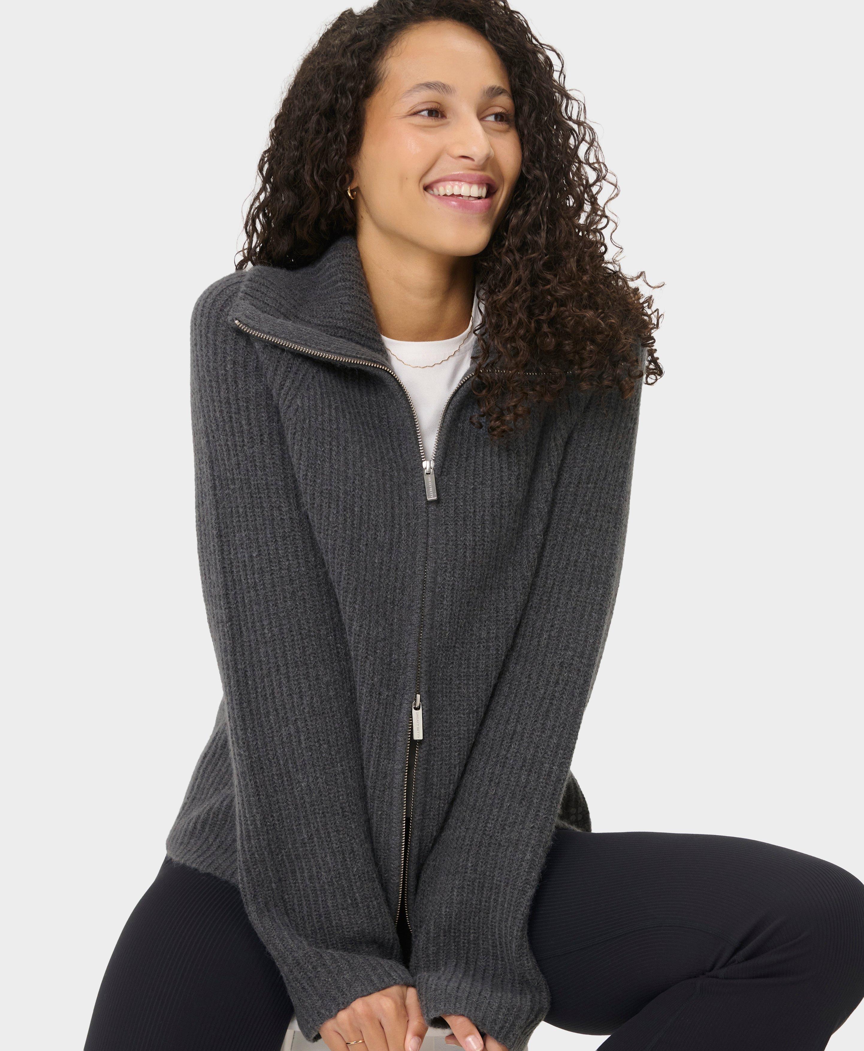 Knitted Funnel Neck Zip Through - Charcoal Grey Marl | Sweaty Betty