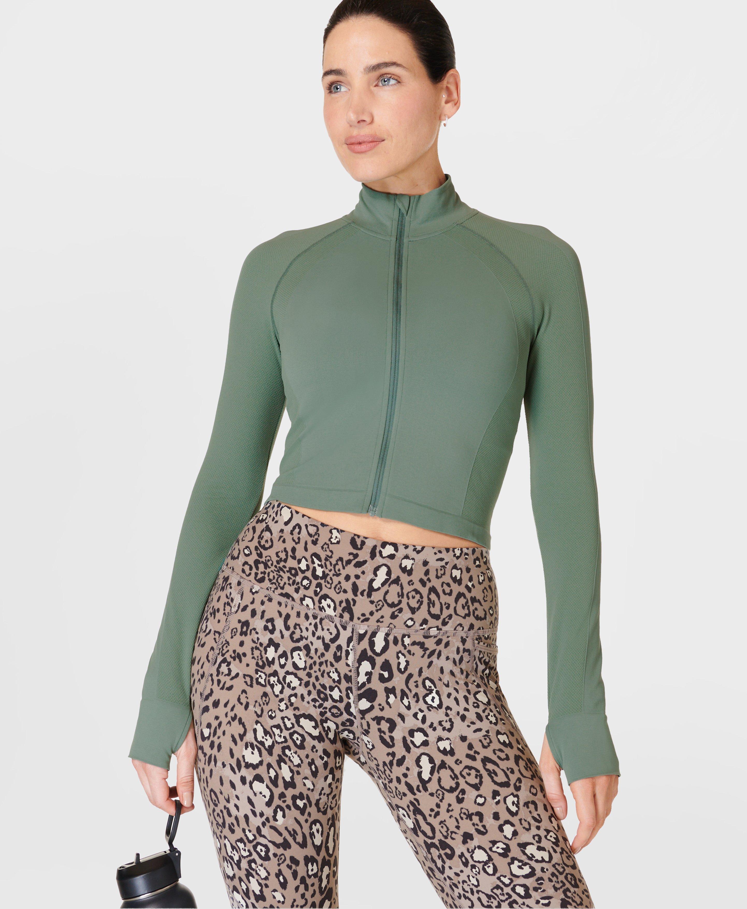 Athlete Crop Seamless Gym Zip Up - Cool Forest Green | Sweaty Betty