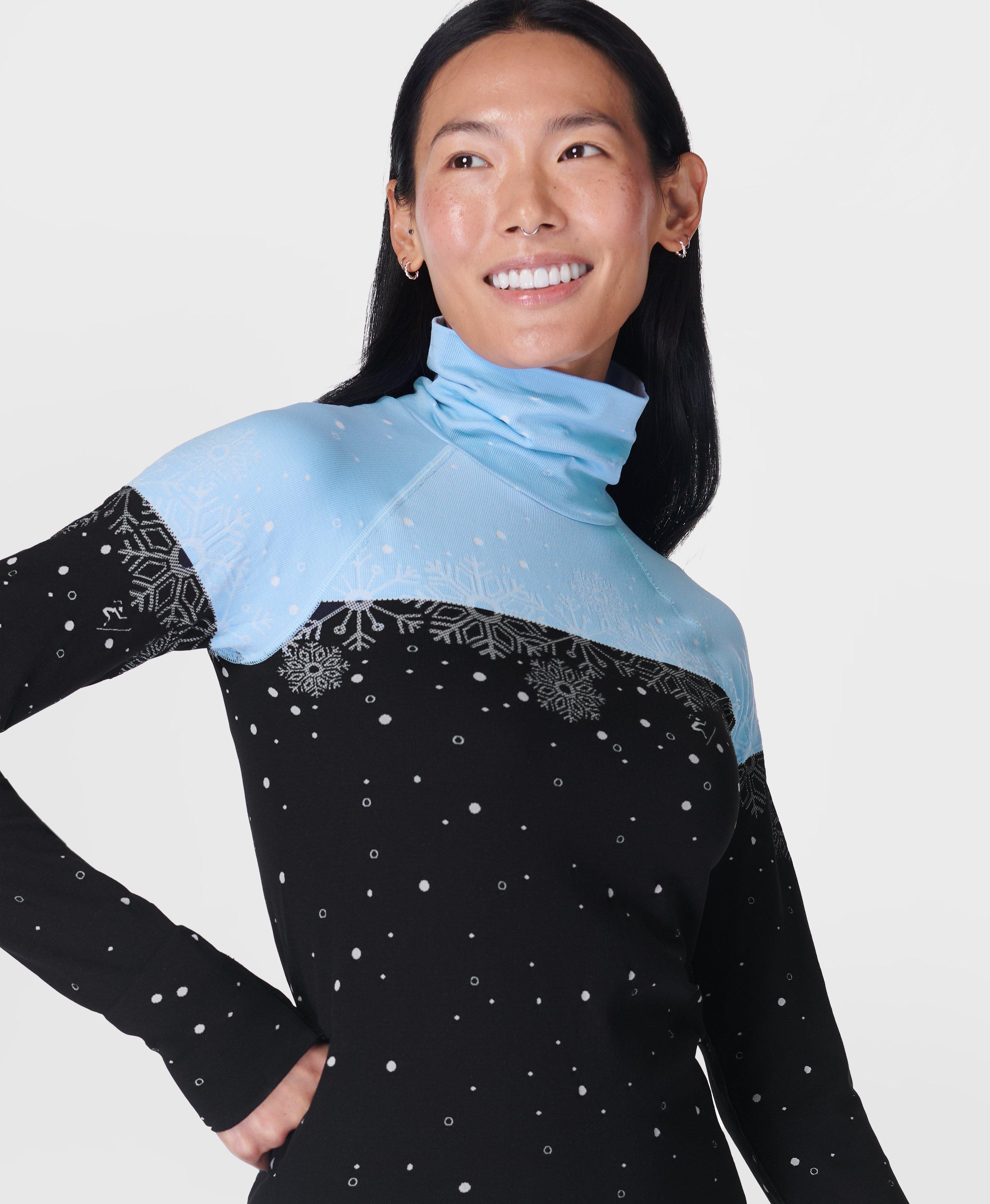 Snowflake Funnel Neck Base Layer Top - Blue Snowflake Jacquard | Sweaty ...