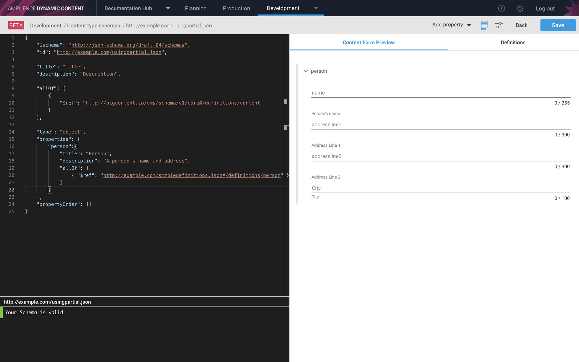 The schema editor | Amplience Developer Portal