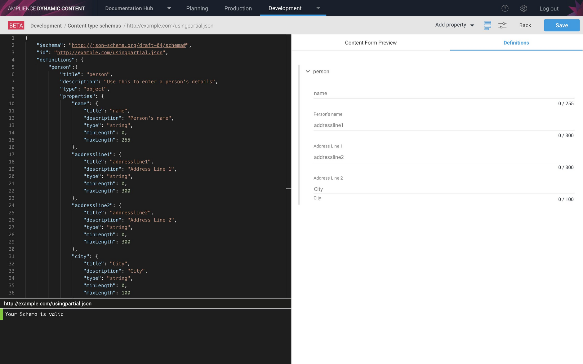 The schema editor | Amplience Developer Portal