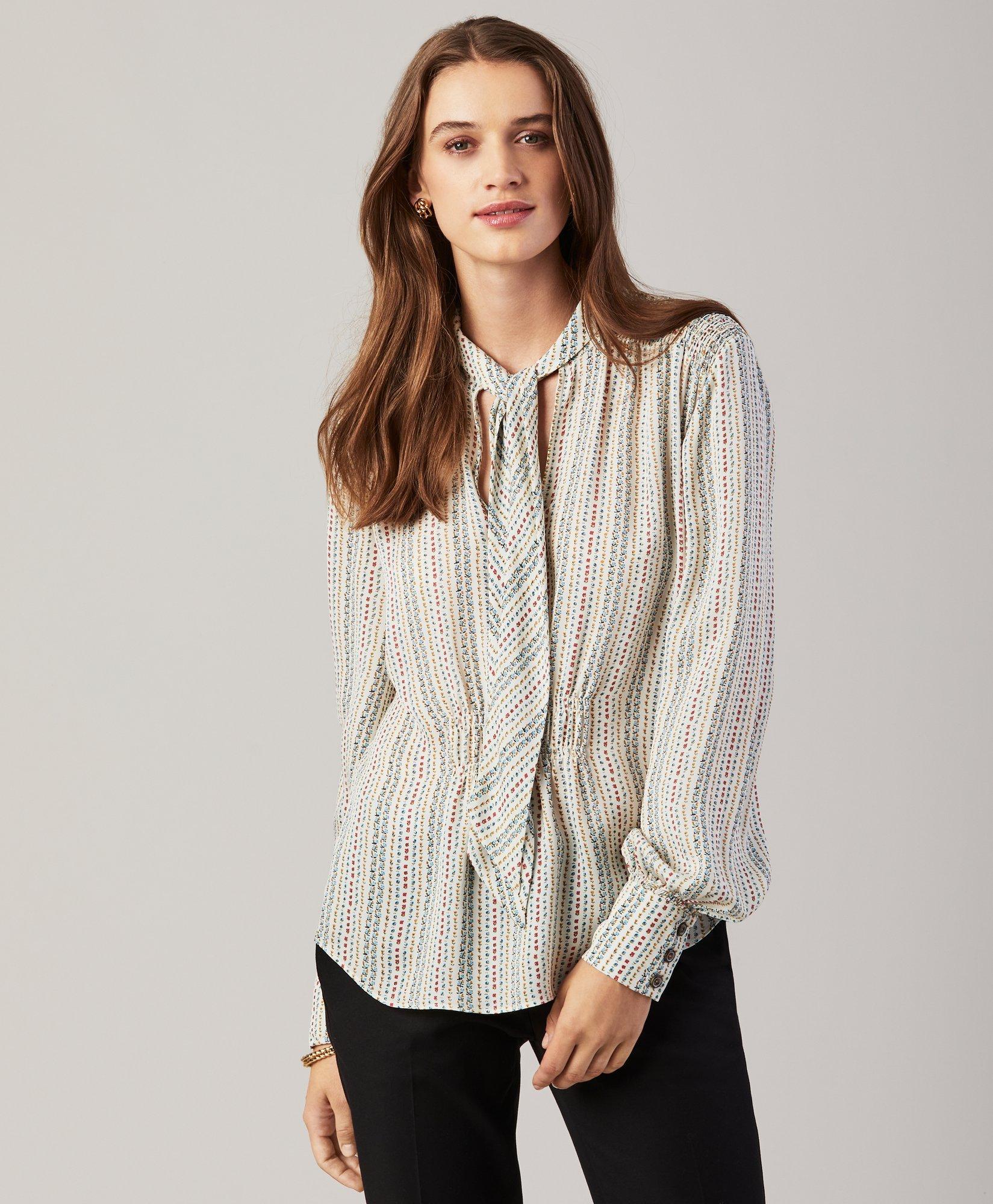 Floral-Print Silk Georgette Bow-Neck Blouse