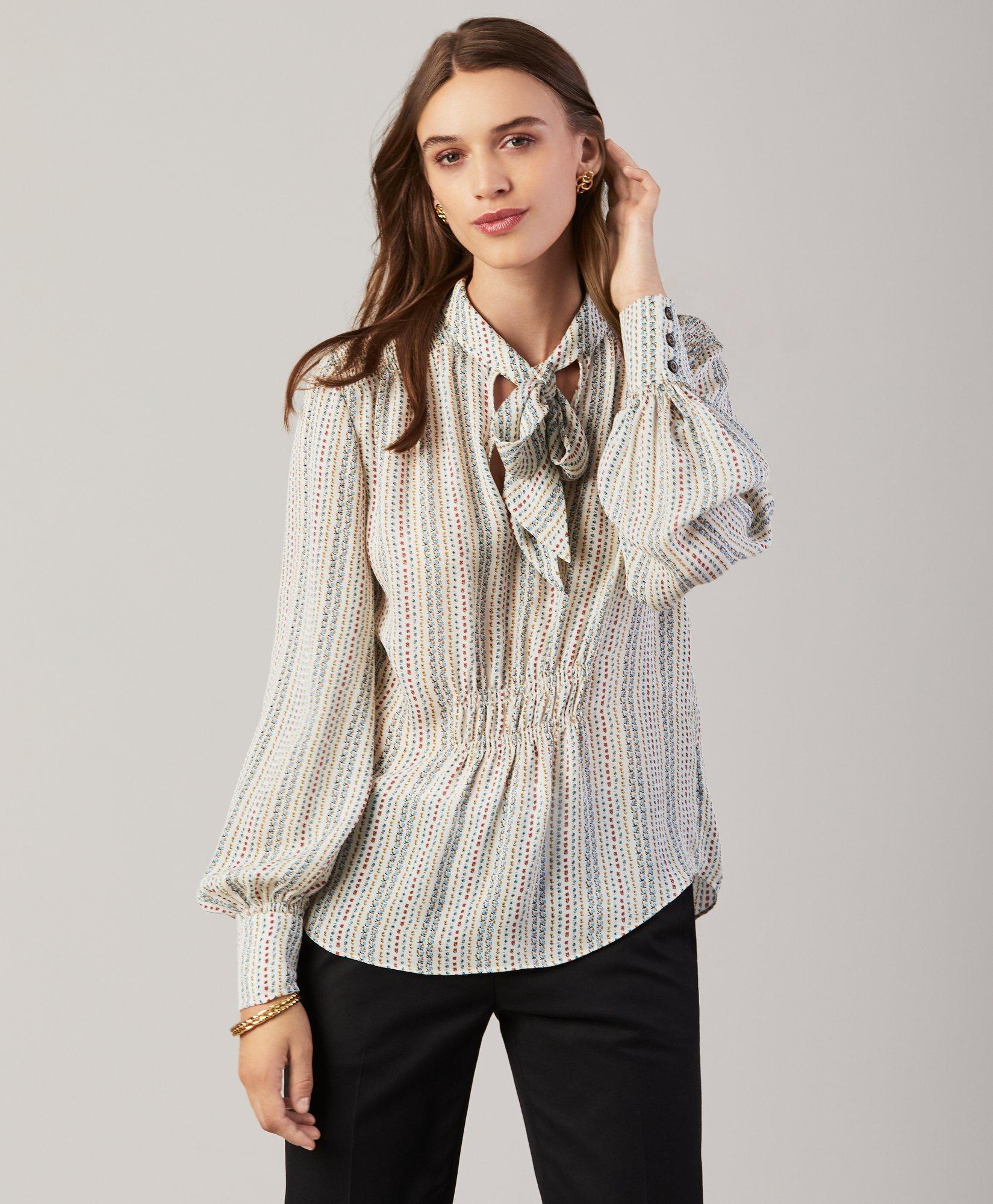 Floral-Print Silk Georgette Bow-Neck Blouse