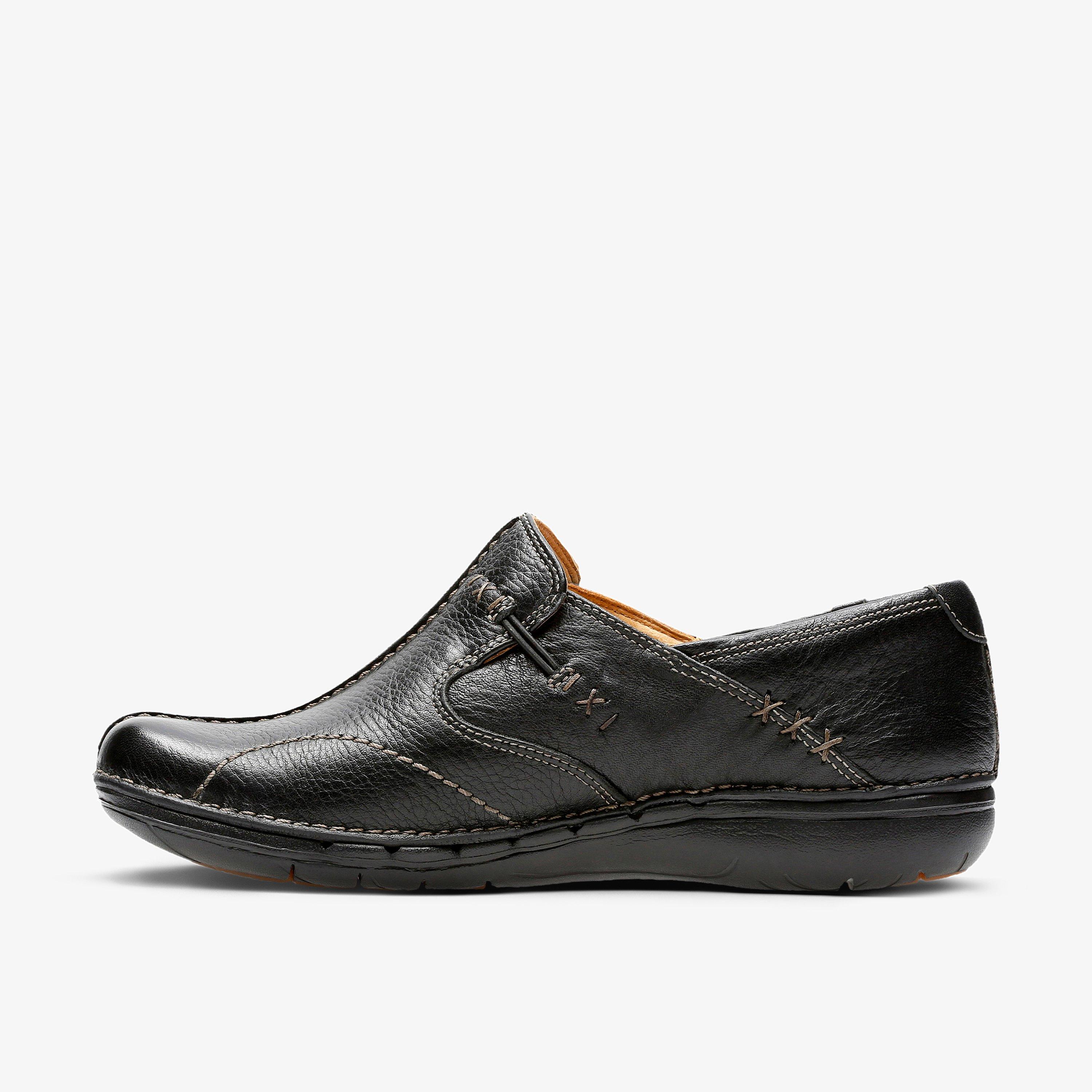 Womens Un Loop Black Leather Slip Ons Shoes | Clarks UK