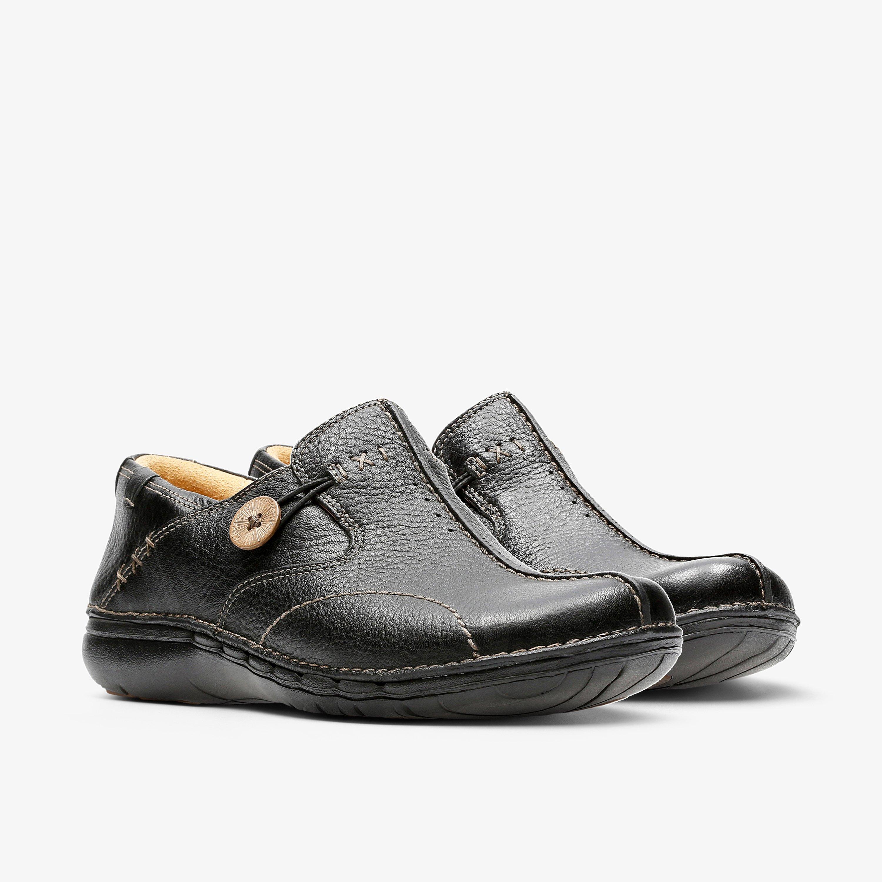 Womens Un Loop Black Leather Slip Ons Shoes | Clarks UK