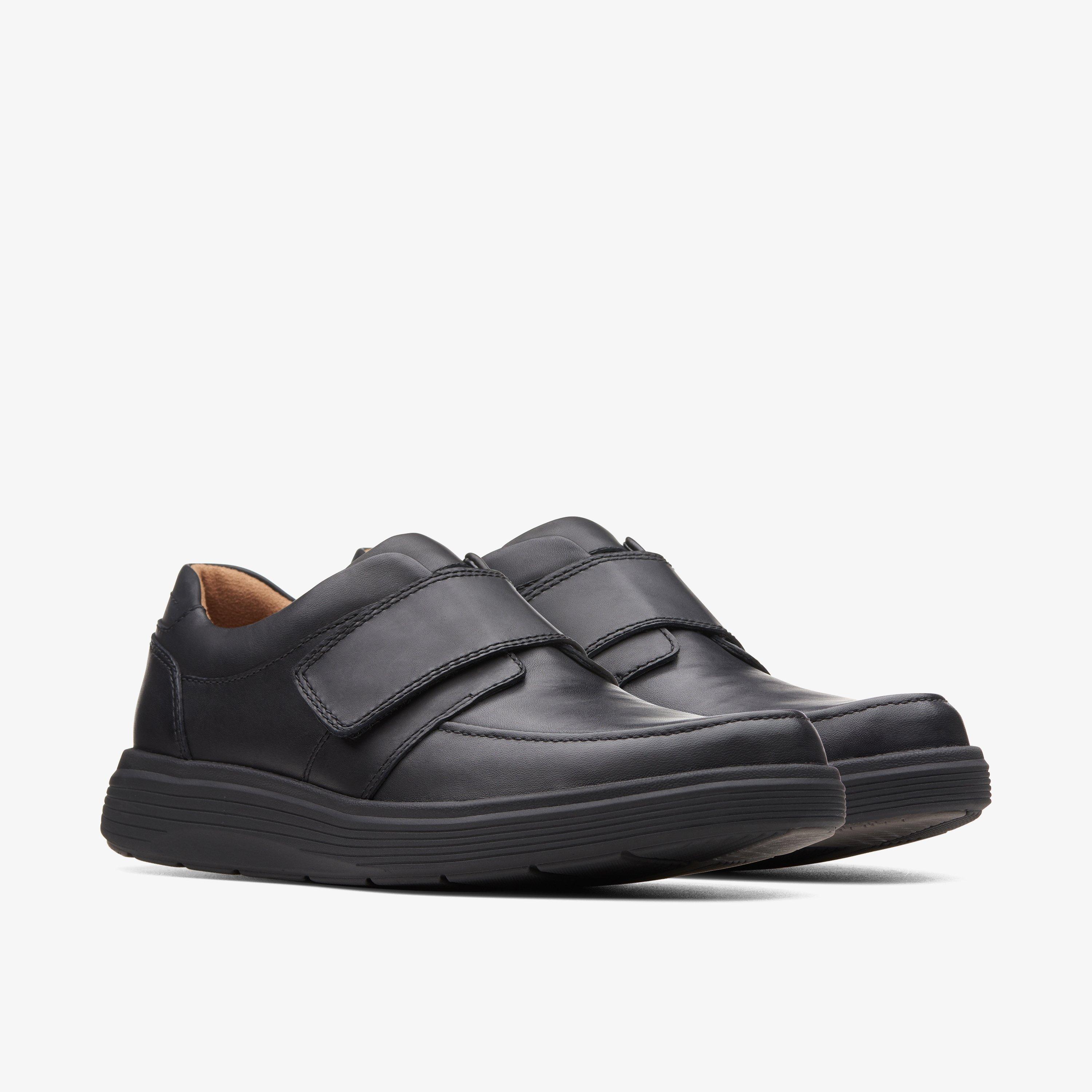 Mens Un Abode Strap Loafer Black Leather Loafers Riptape Shoes | Clarks UK