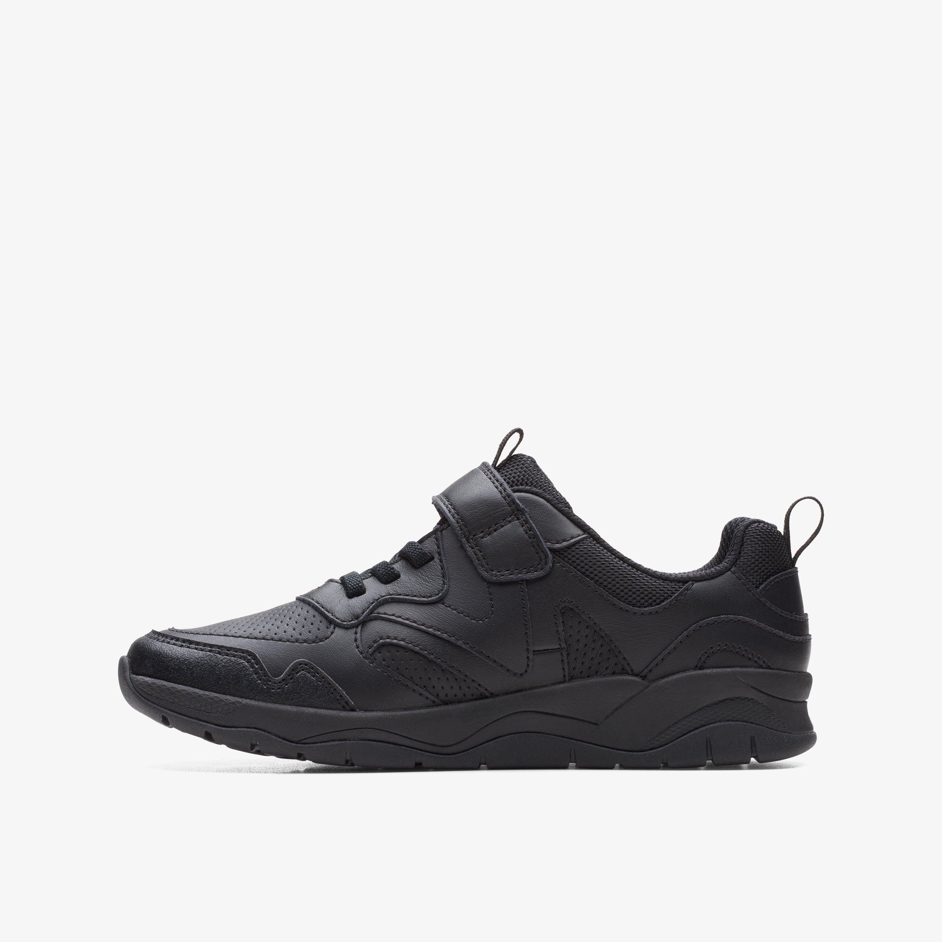 Boys Clowder Sprint Older Black Leather Trainers Riptape School Shoes ...