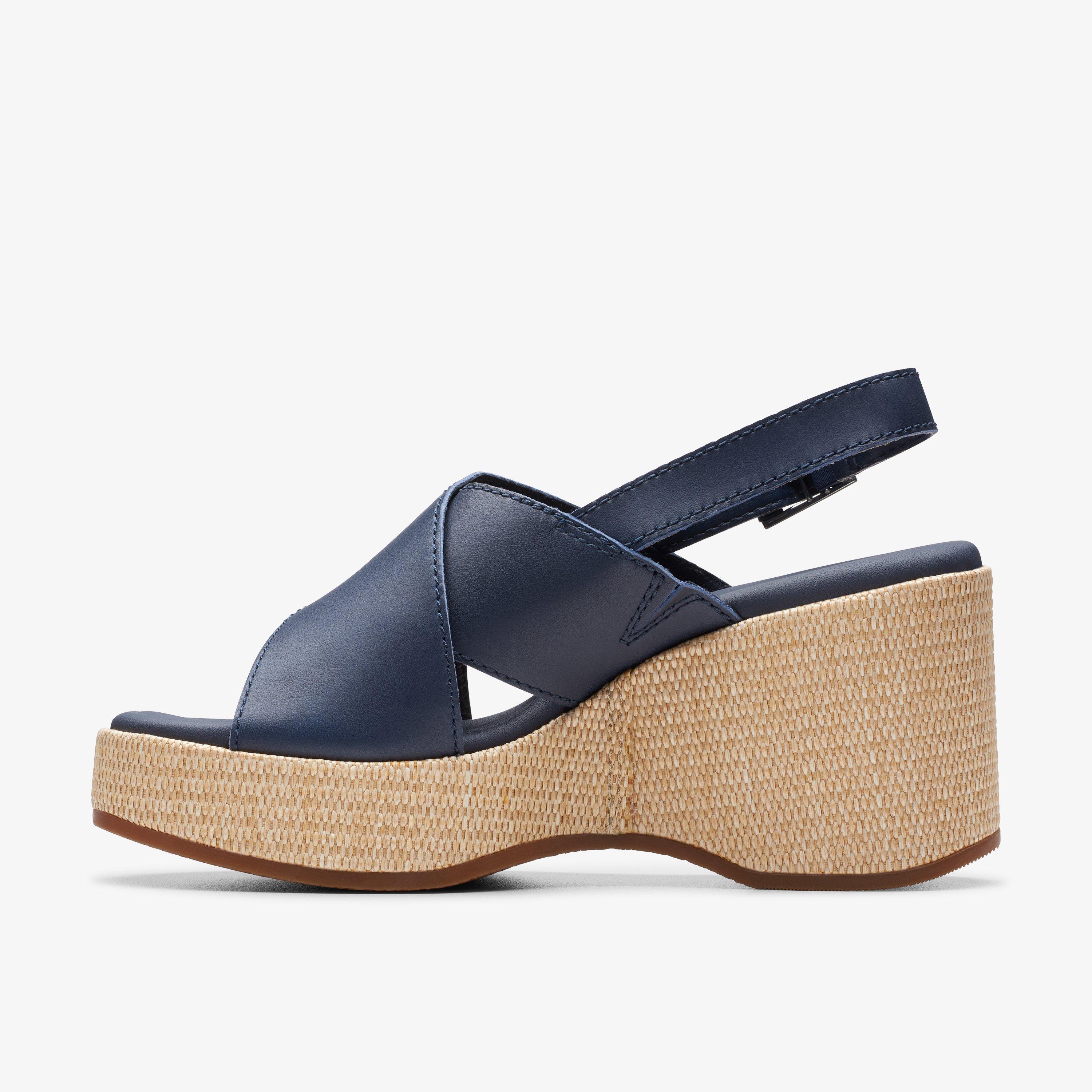 Womens Manon Wish Navy Leather Platform Wedge Sandals | Clarks