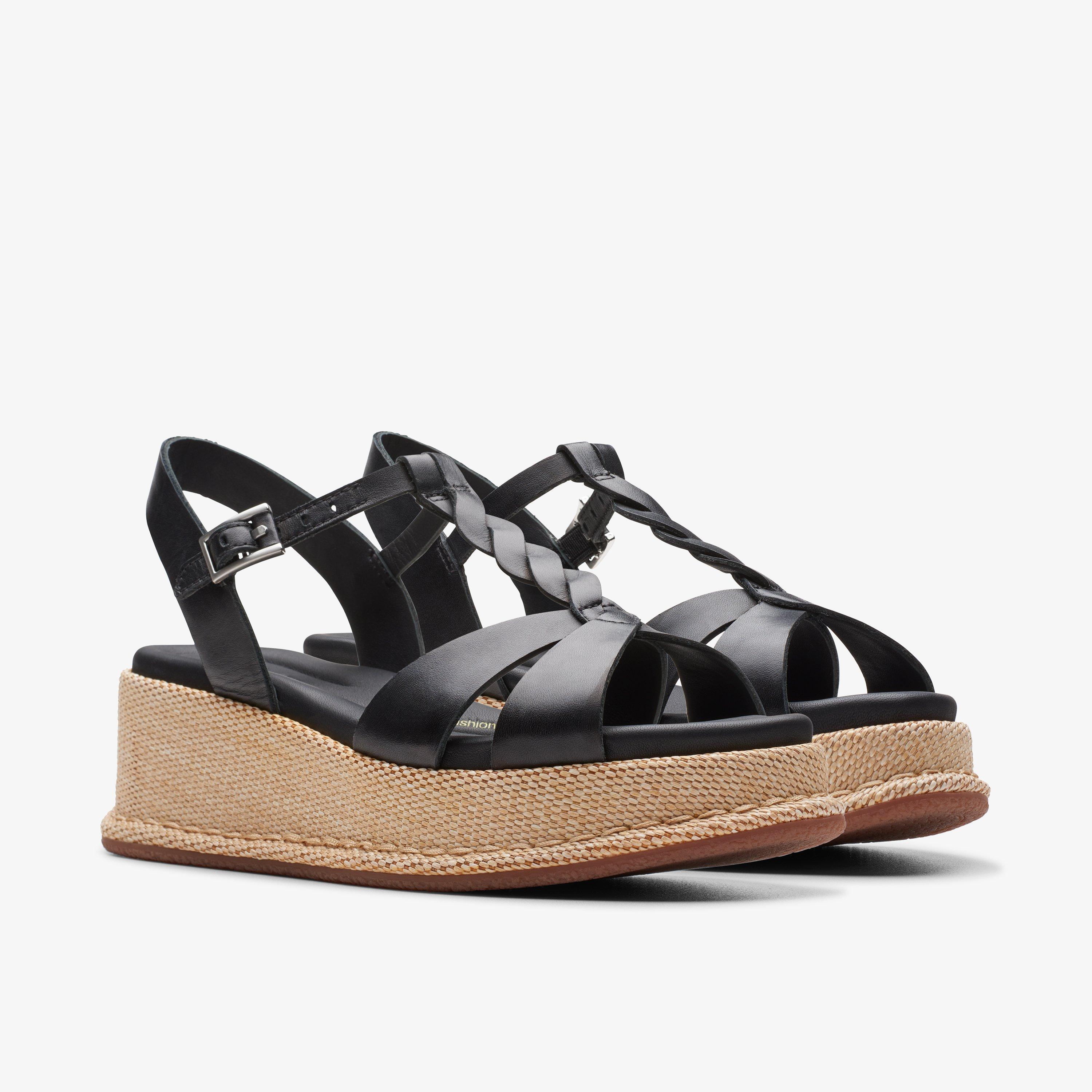 Womens Kimmei Twist Black Leather Sandals Wedges Flatforms | Clarks Outlet