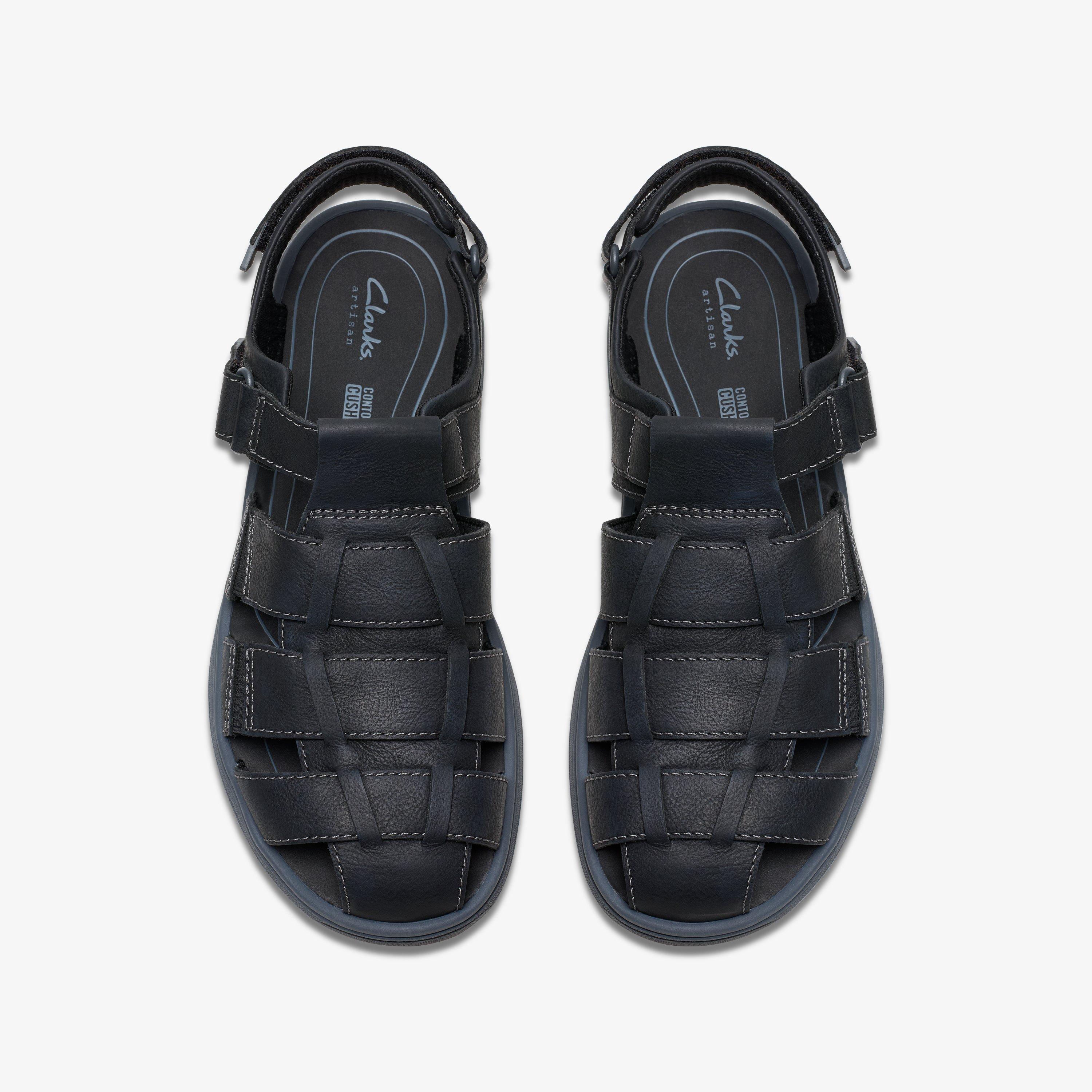 Mens Saltway Cove Black Leather Flat Sandals Walking Sandals | Clarks