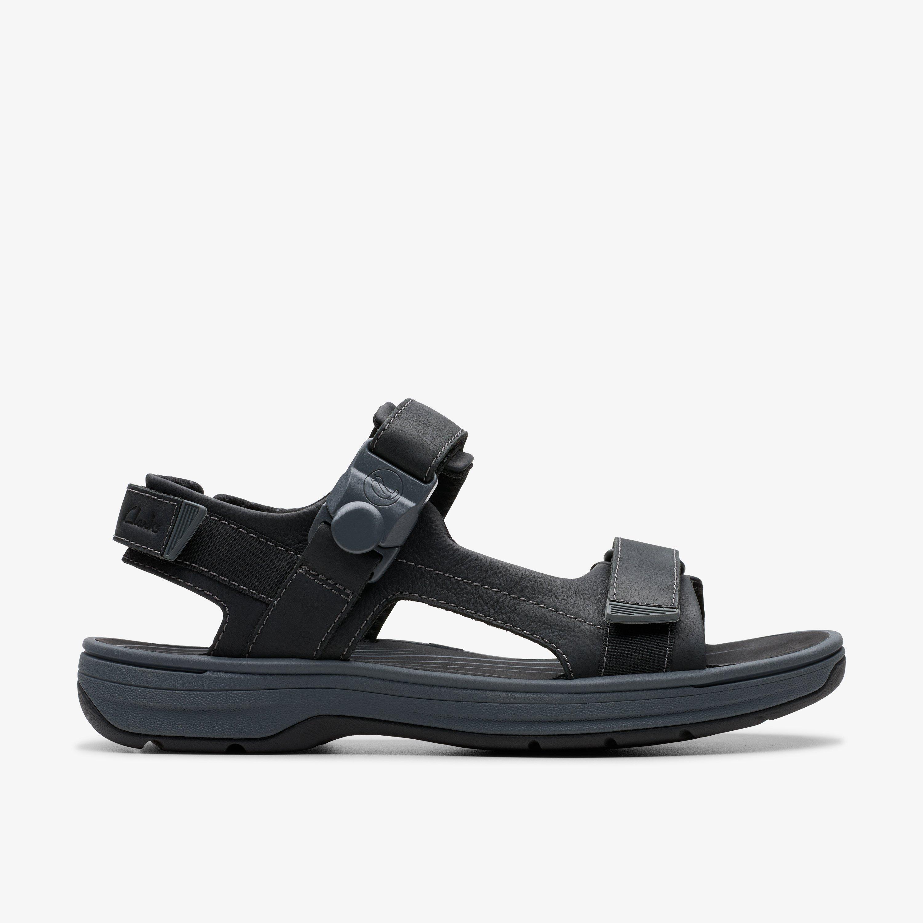 Mens Saltway Trail Black Leather Flat Sandals | Clarks Outlet