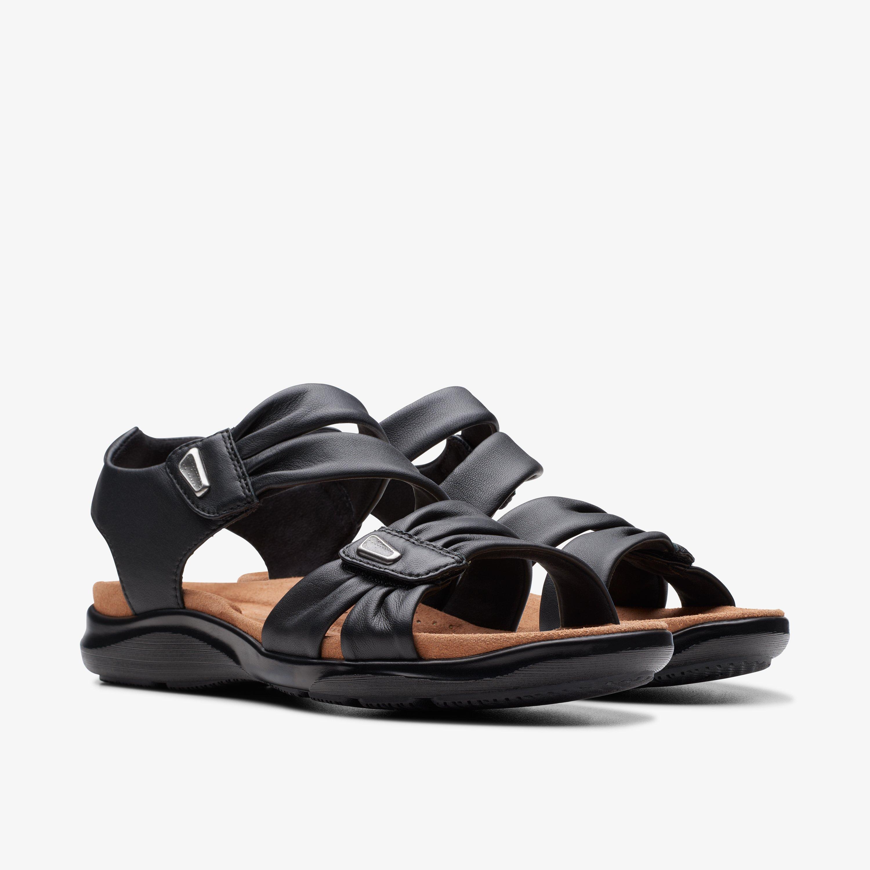 Womens Kitly Ave Black Leather Flat Sandals | Clarks