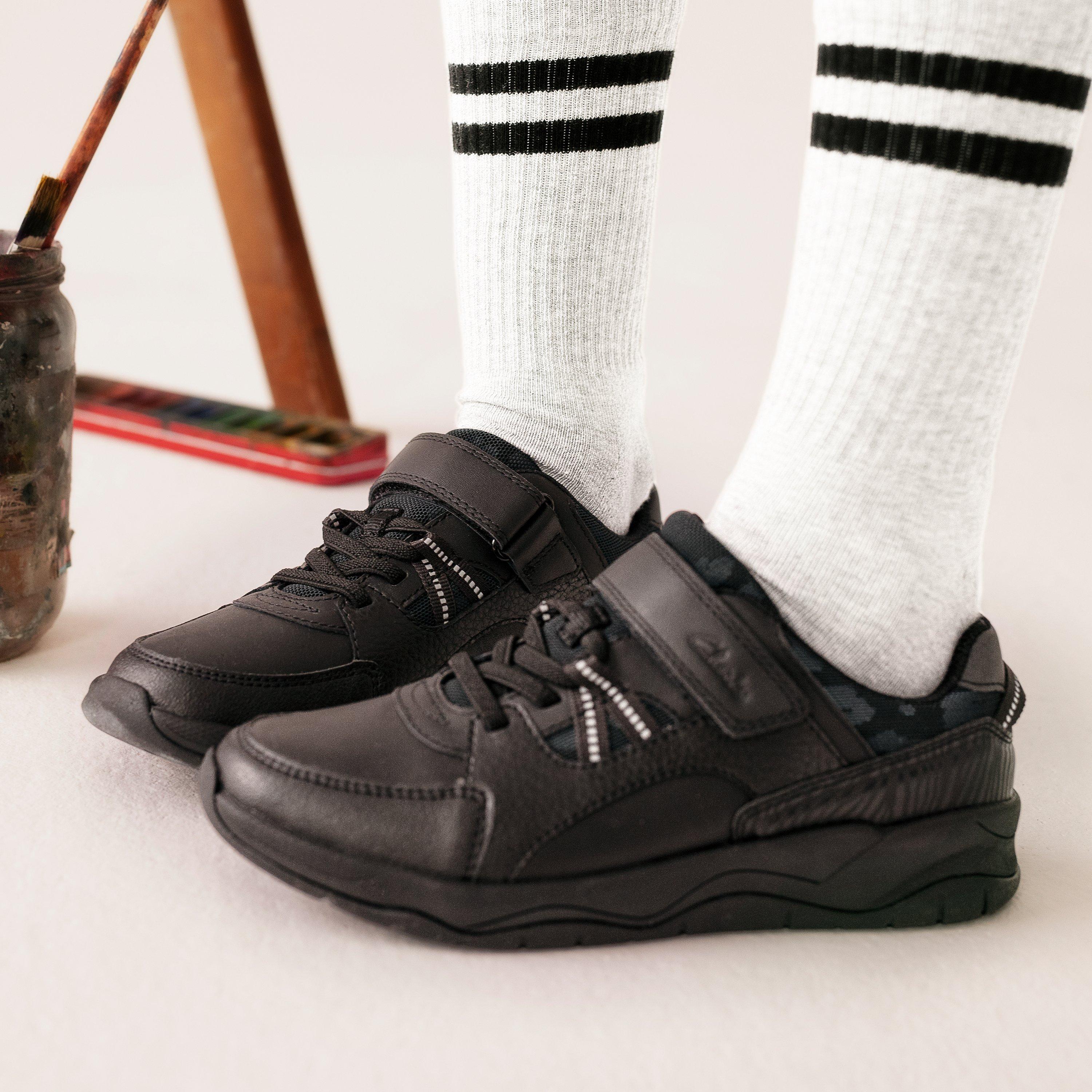 Boys Clowder Stripe Kid Black Leather Shoes Riptape School Shoes ...
