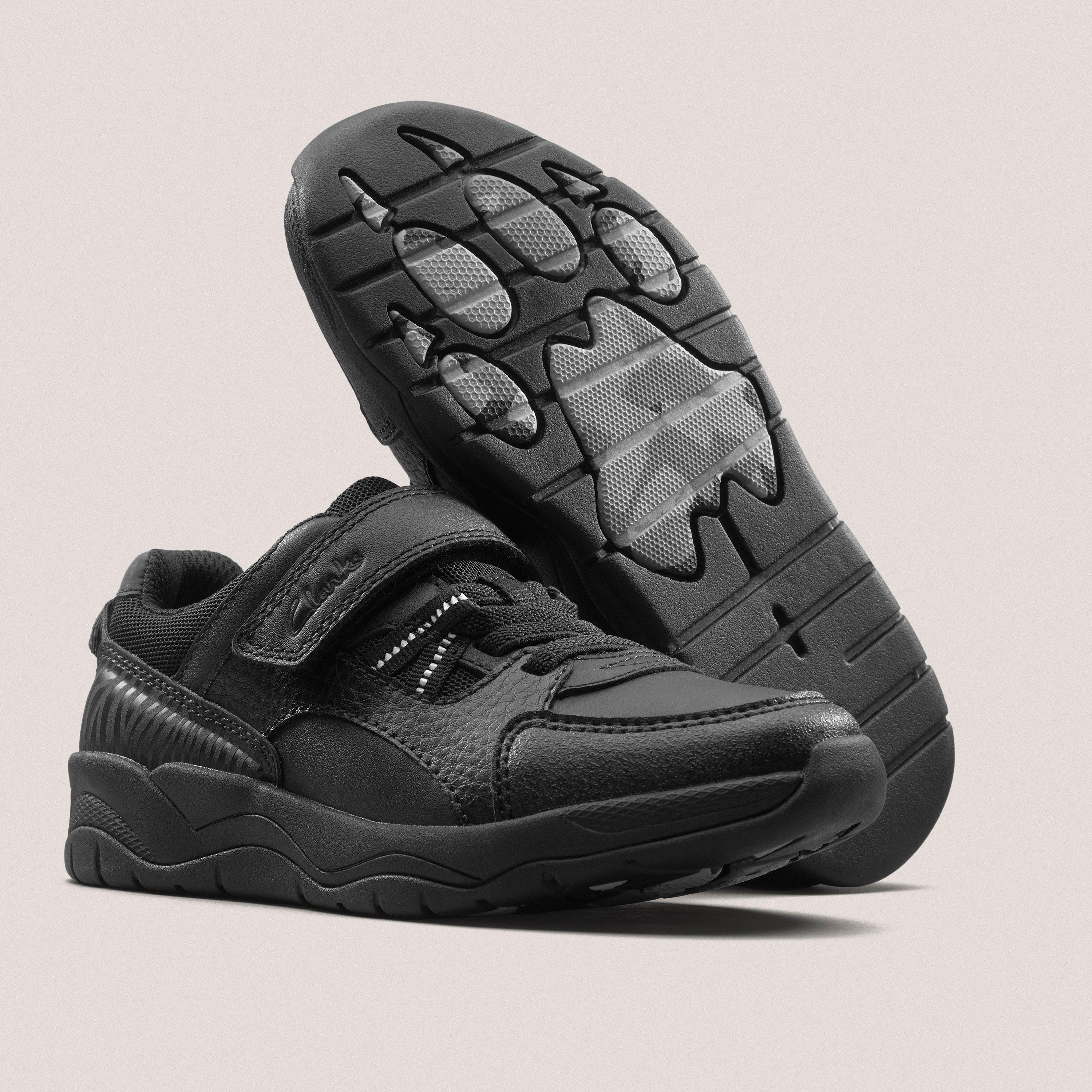 Boys Clowder Stripe Kid Black Leather Shoes | Clarks