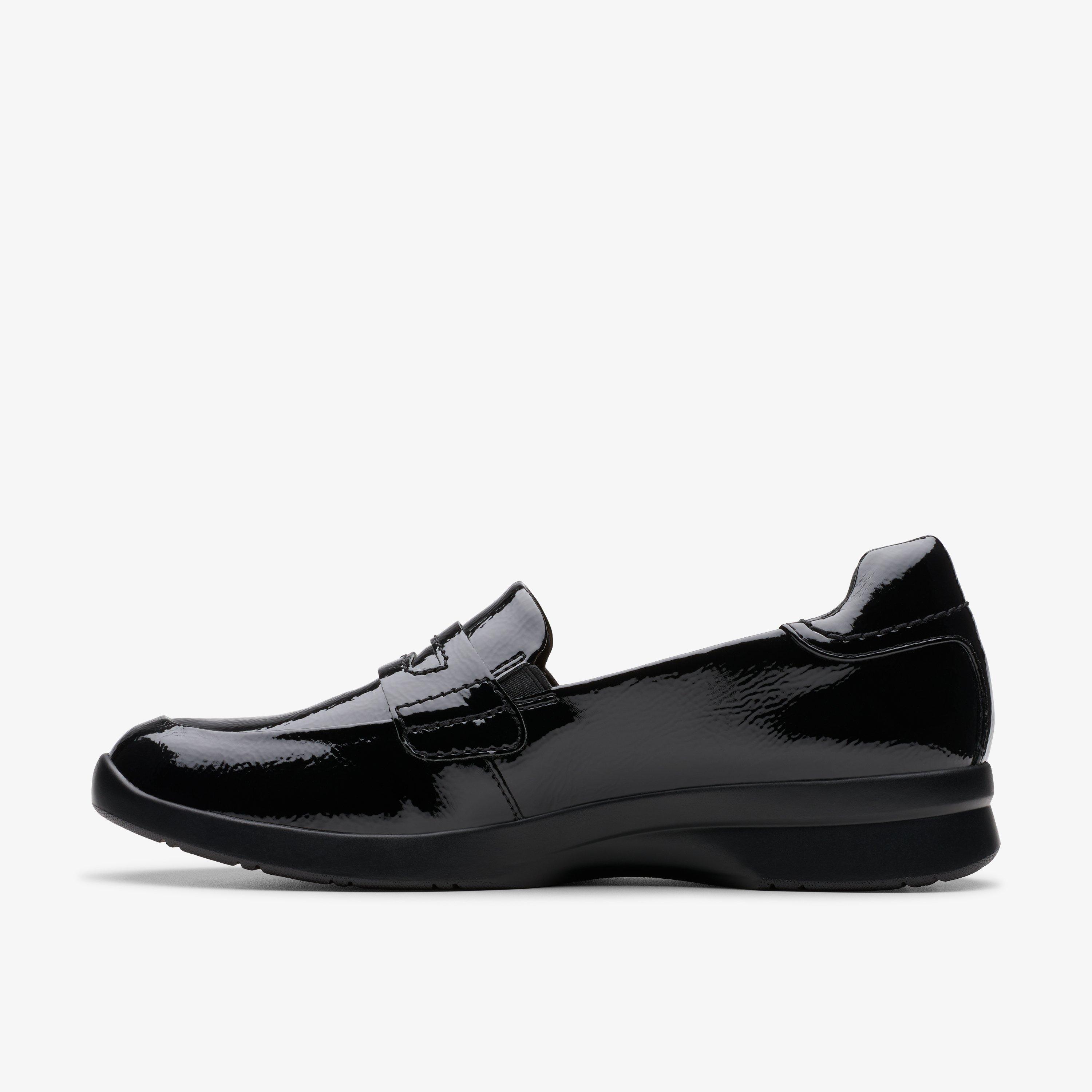 Womens Ellowyn Penny Black Crinkle Patent Slip Ons | Clarks