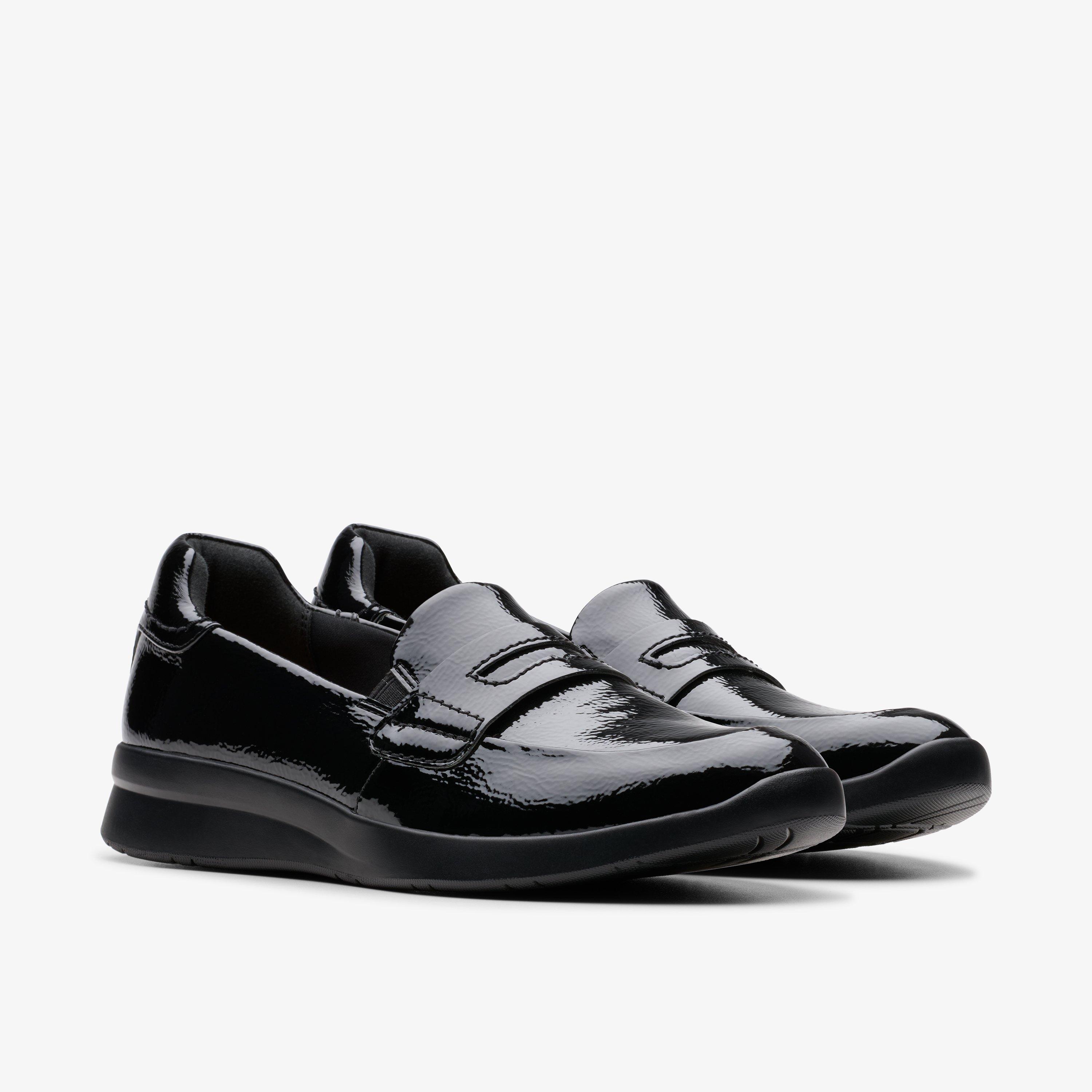 Womens Ellowyn Penny Black Crinkle Patent Slip Ons | Clarks