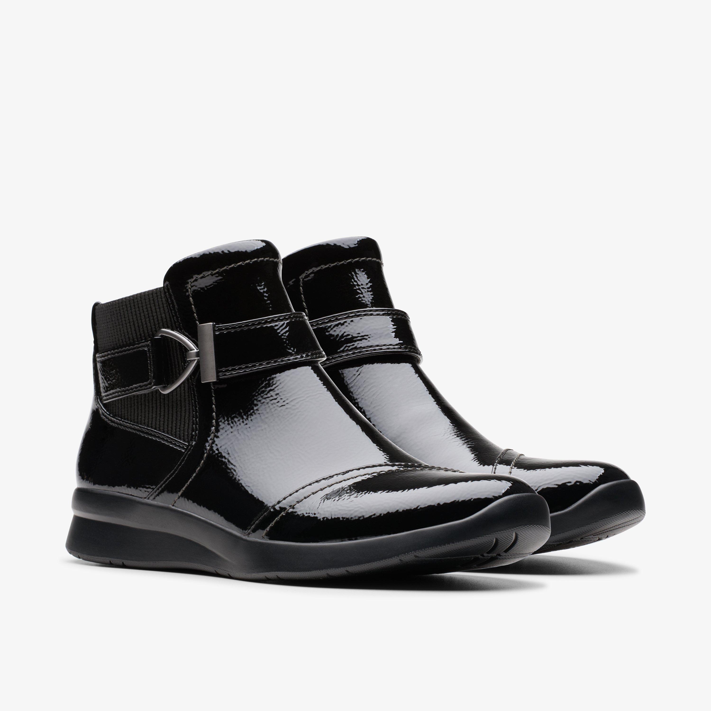 Womens Ellowyn Strap Black Crinkle Patent Ankle Boots | Clarks