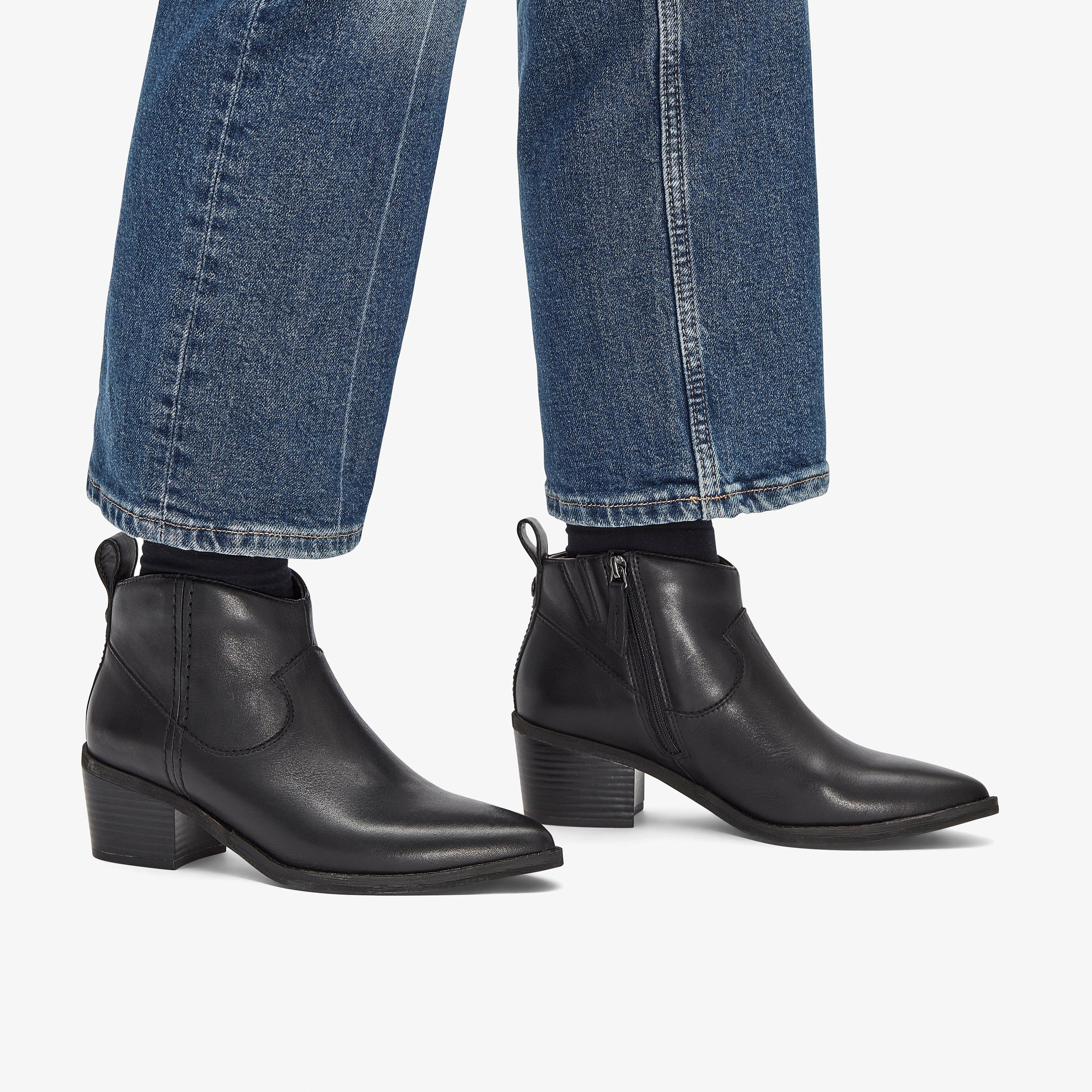 Womens Morzine Sky Black Leather Ankle Boots | Clarks