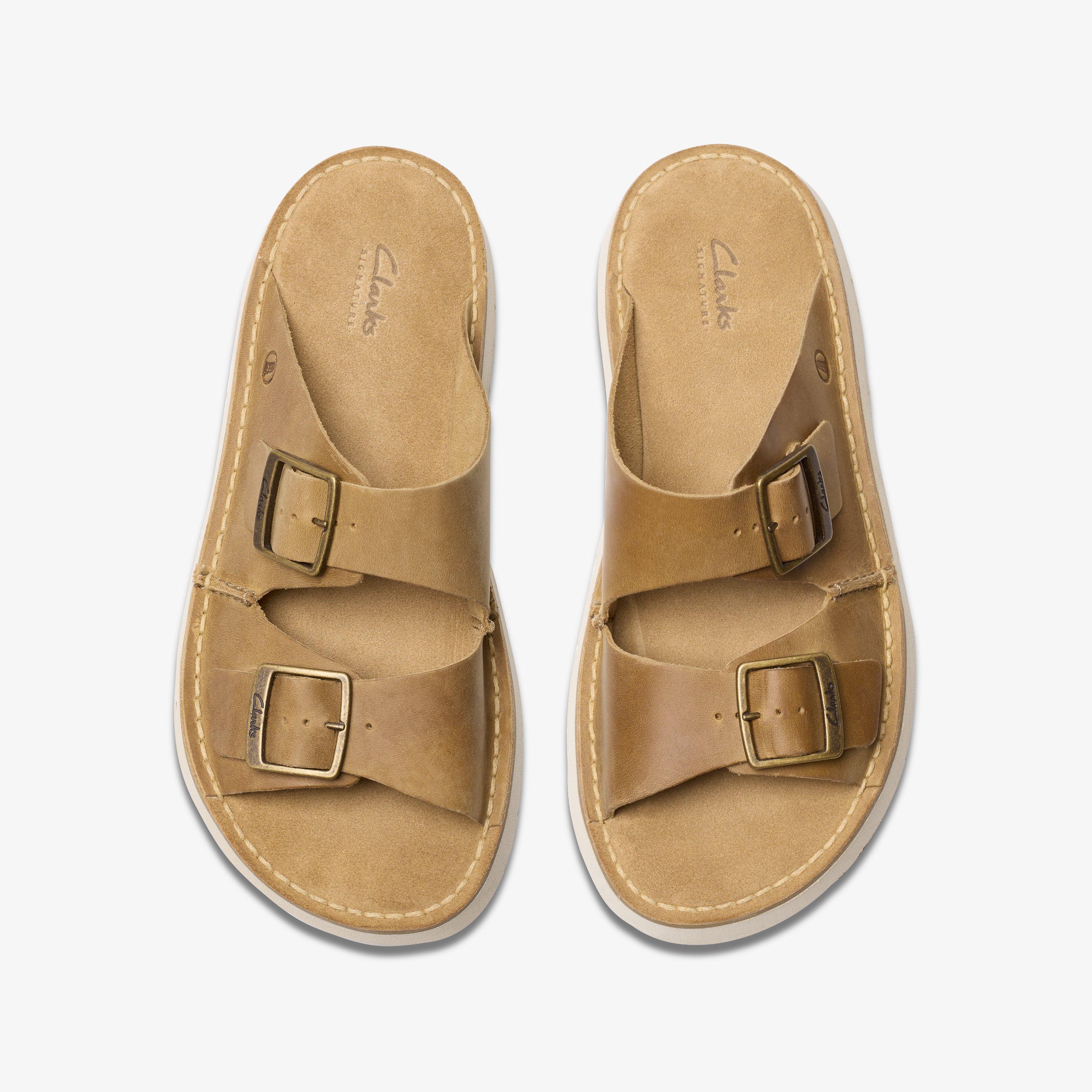 Mens Solsbury Strap Dark Sand Leather Flat Sandals | Clarks