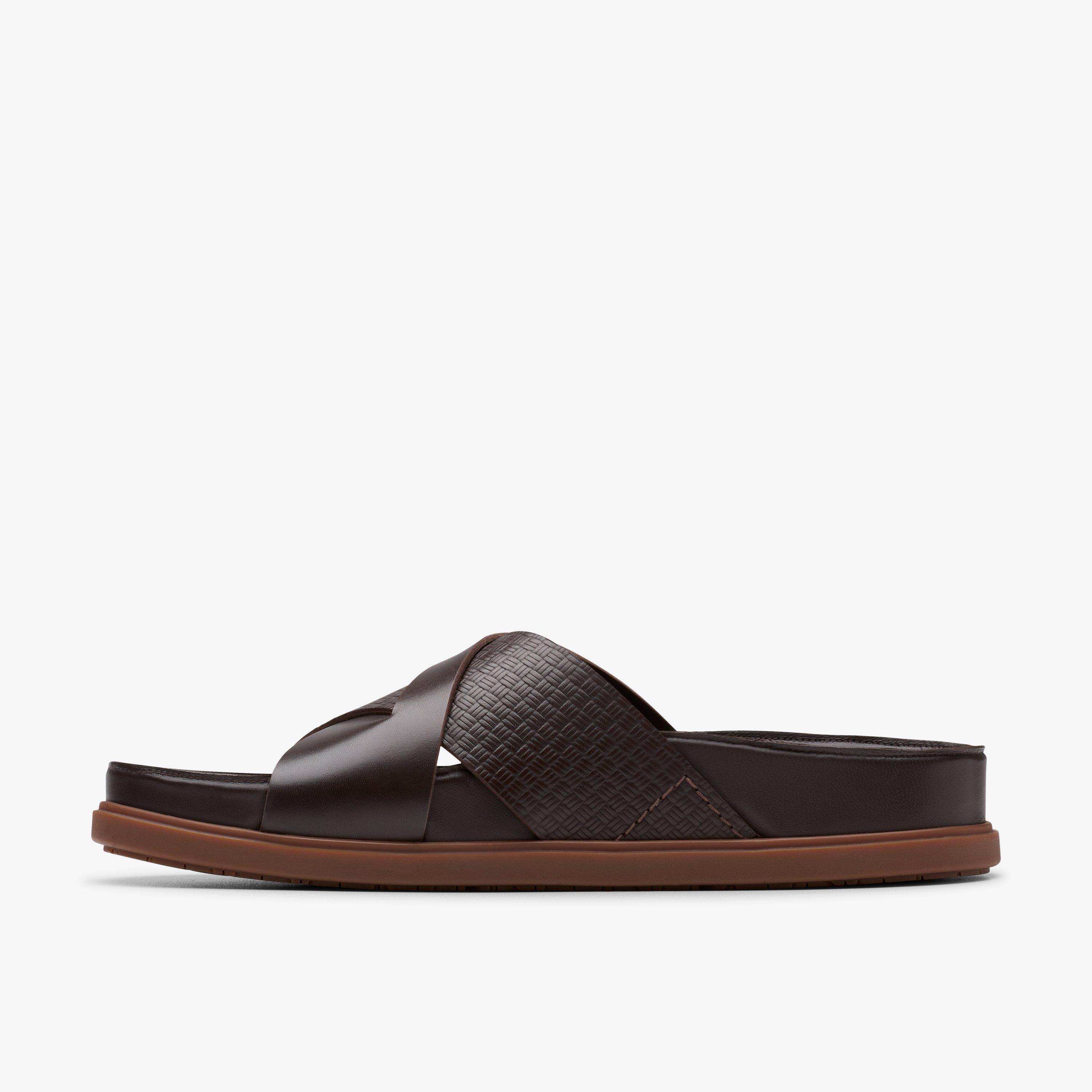 Mens Torford Cross Brown Leather Flat Slide Sandals | Clarks