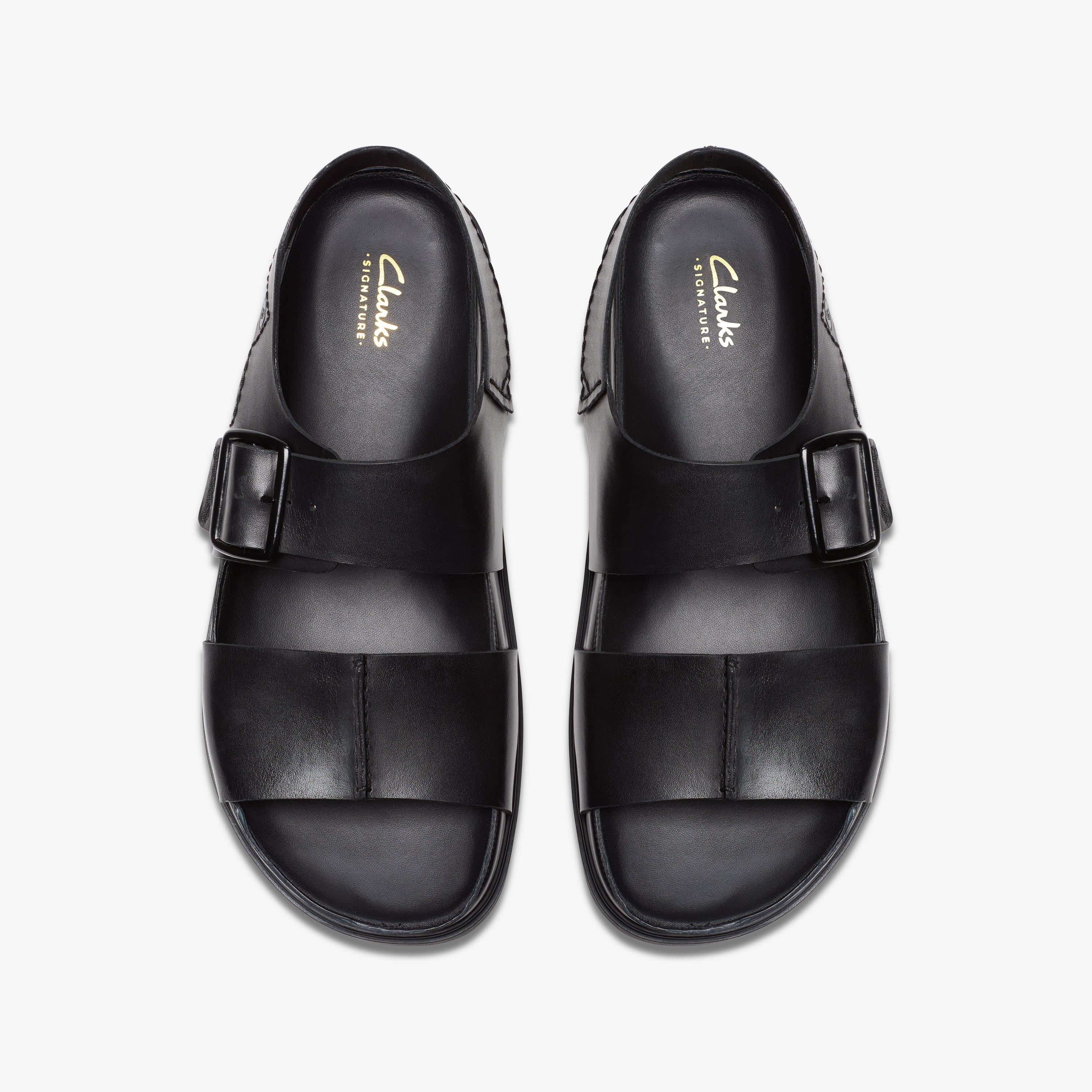 Mens Torford Strap Black Leather Flat Sandals | Clarks