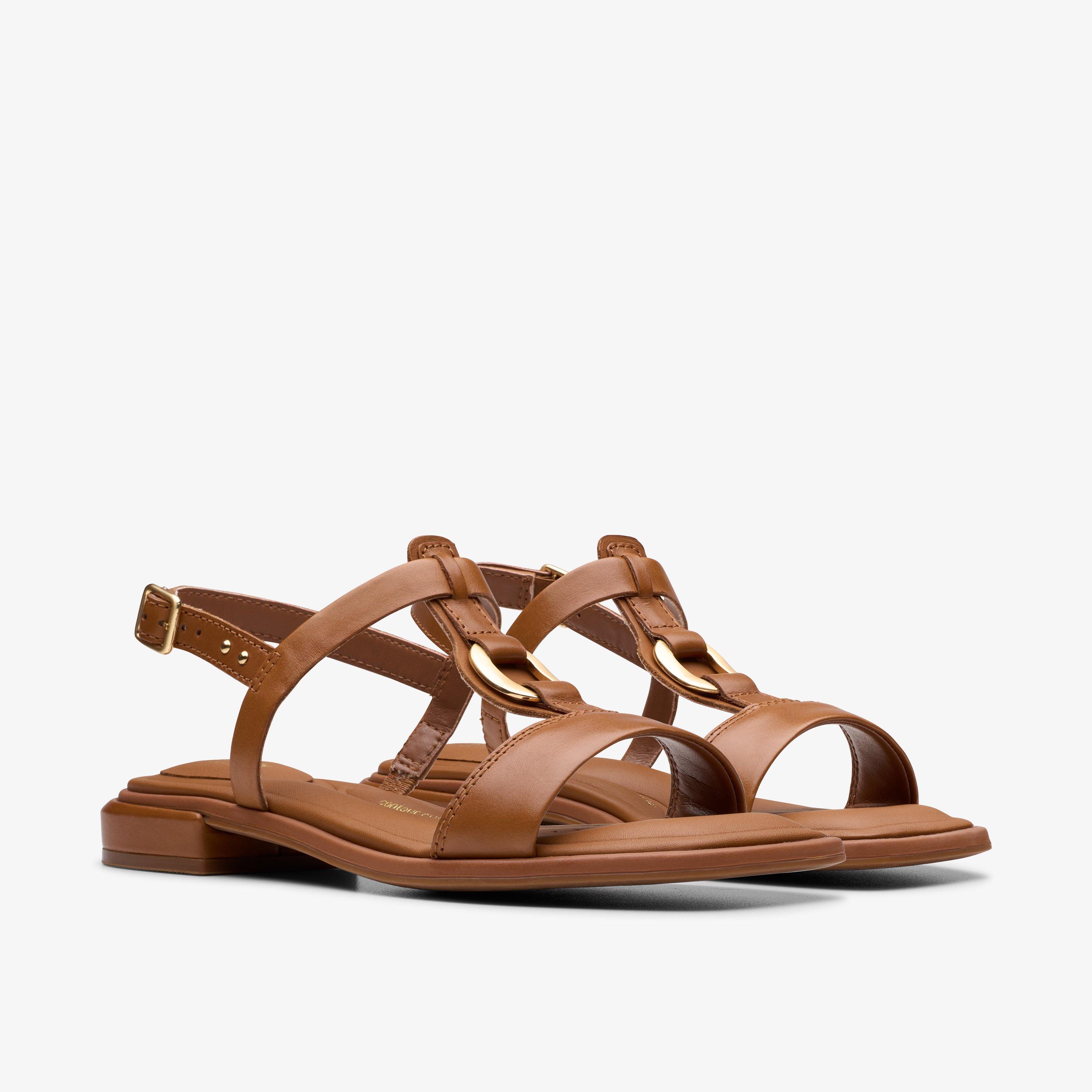 Womens Ariany Sling Tan Leather T-Bar Flat Sling Back Sandals | Clarks
