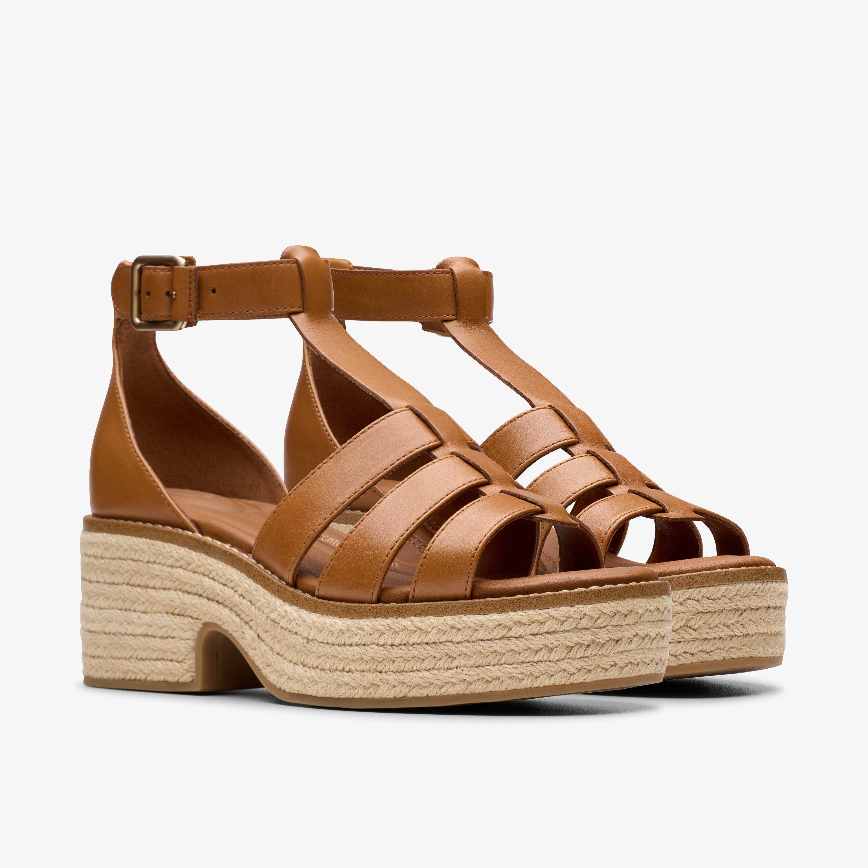 Sandalias de cuña con plataforma de cuero marrón claro para mujeres ...