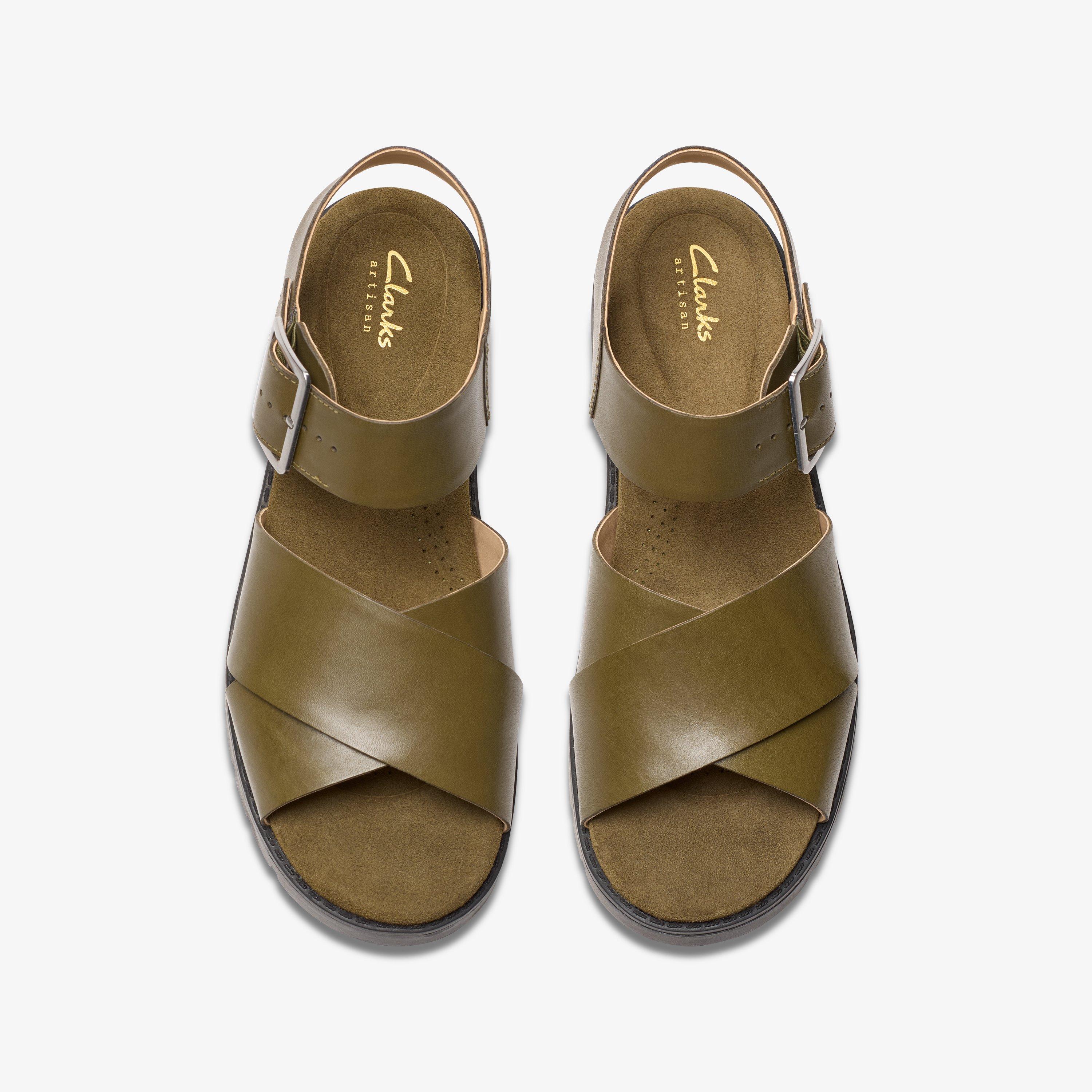 Womens Orinoco Cross Dark Olive Leather Flat Sandals | Clarks