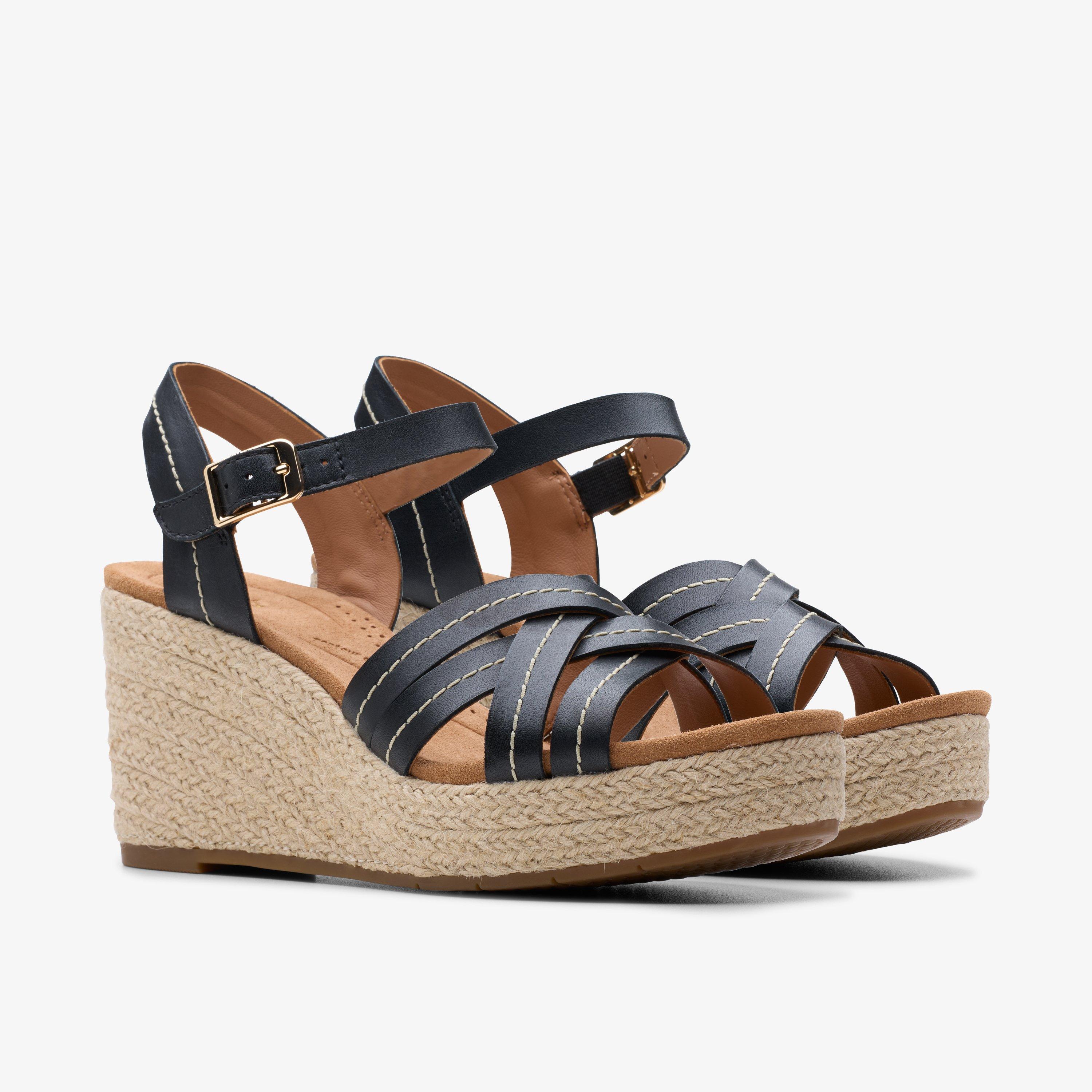 Women's Sabina Strap Black Leather Wedges | Clarks