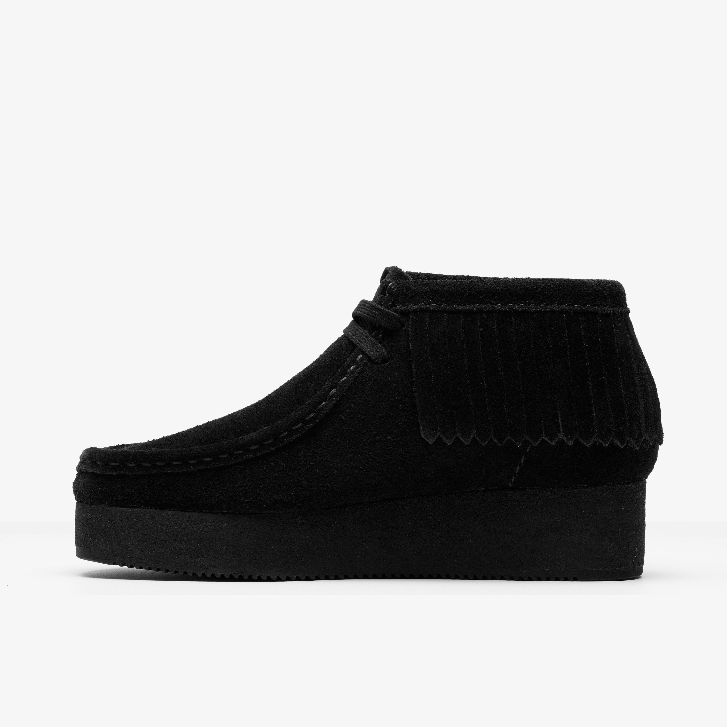 Womens Wallabee Wedge Fringe Black Suede Ankle Boots | Clarks