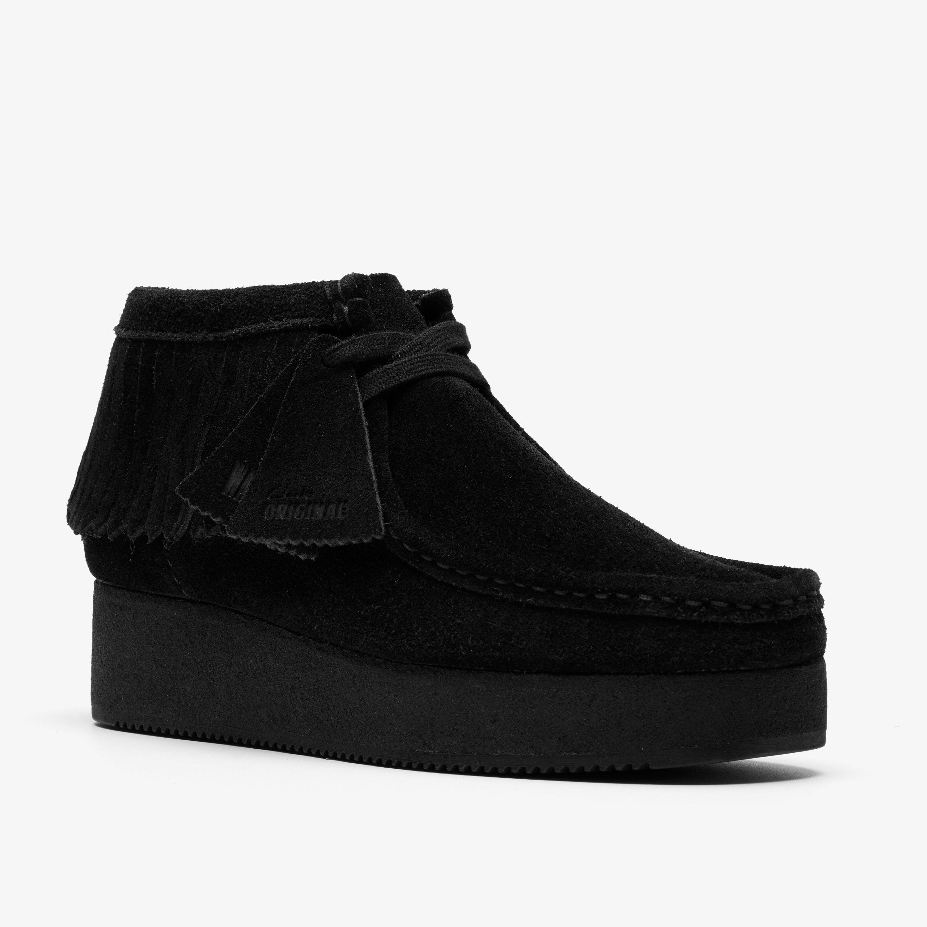 Womens Wedge Fringe Black Suede Wallabees | Clarks