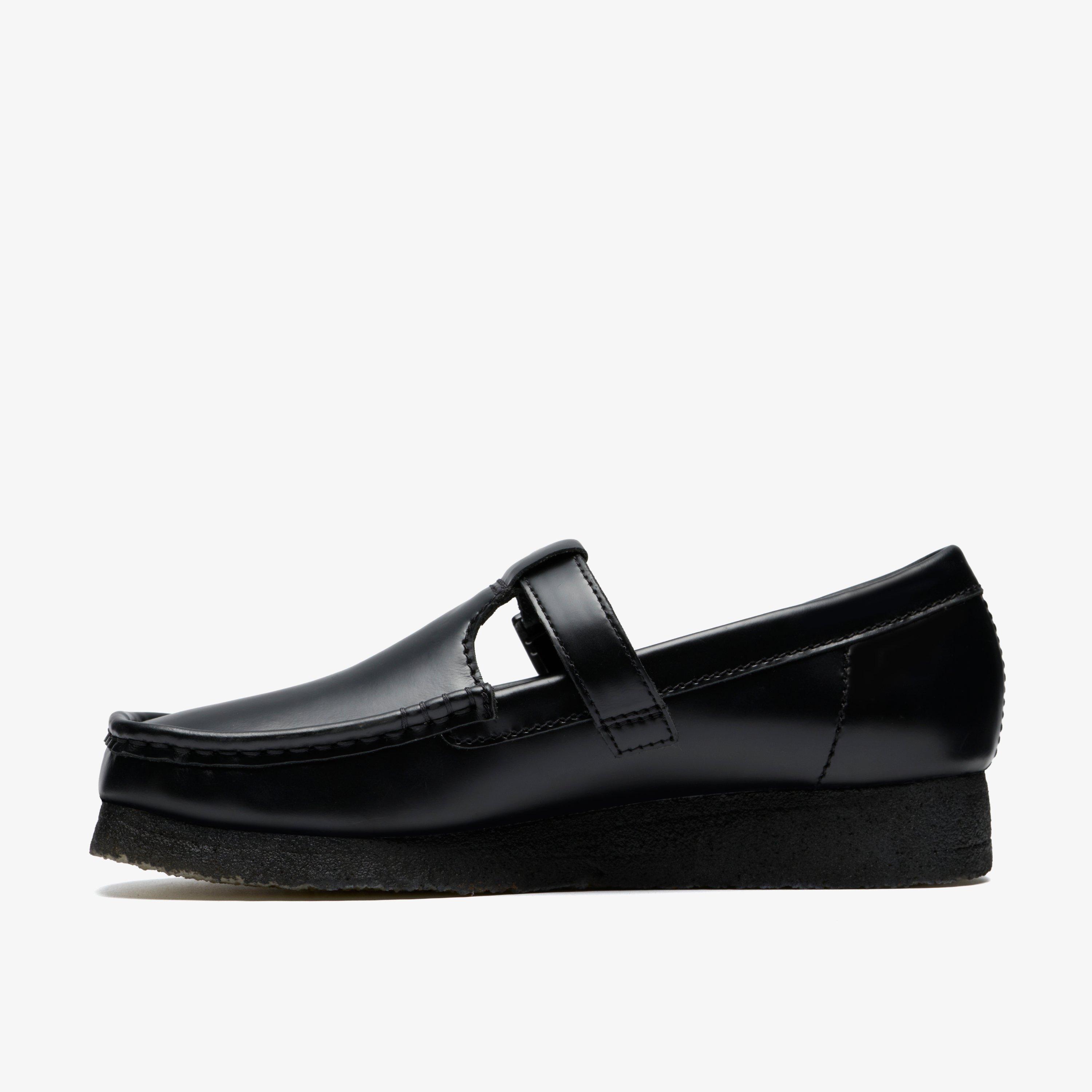 Womens Wallabee T Bar Black Hi Shine Leather T Bar Shoes | Clarks