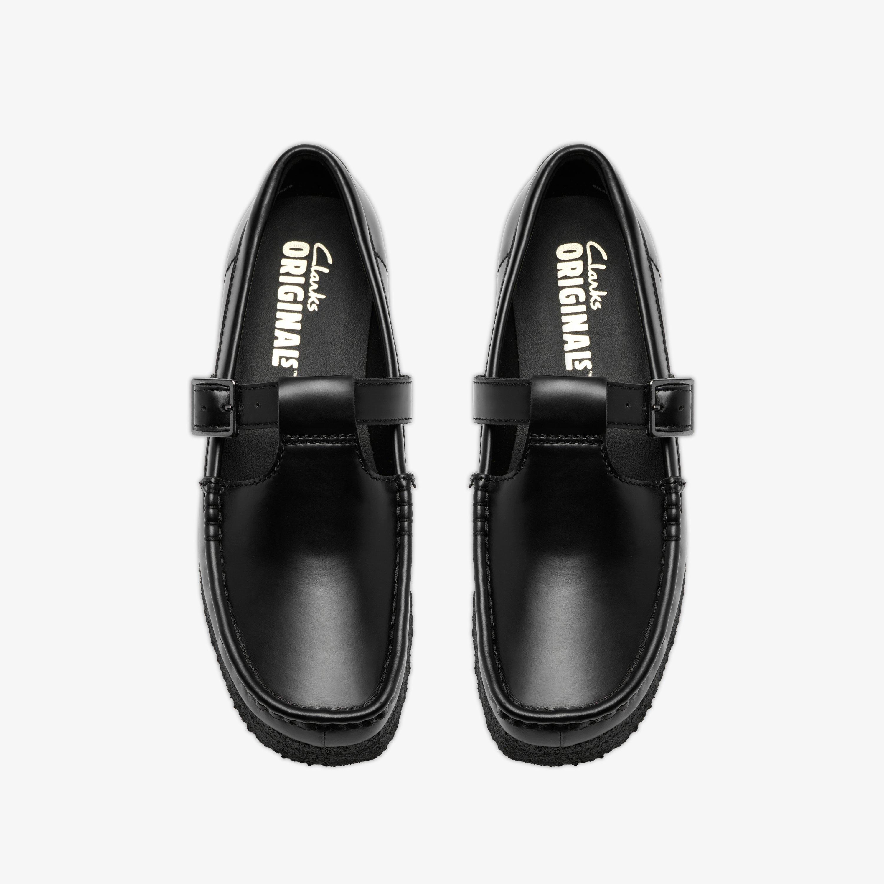 Womens Wallabee T Bar Black Hi Shine Leather Slip Ons | Clarks
