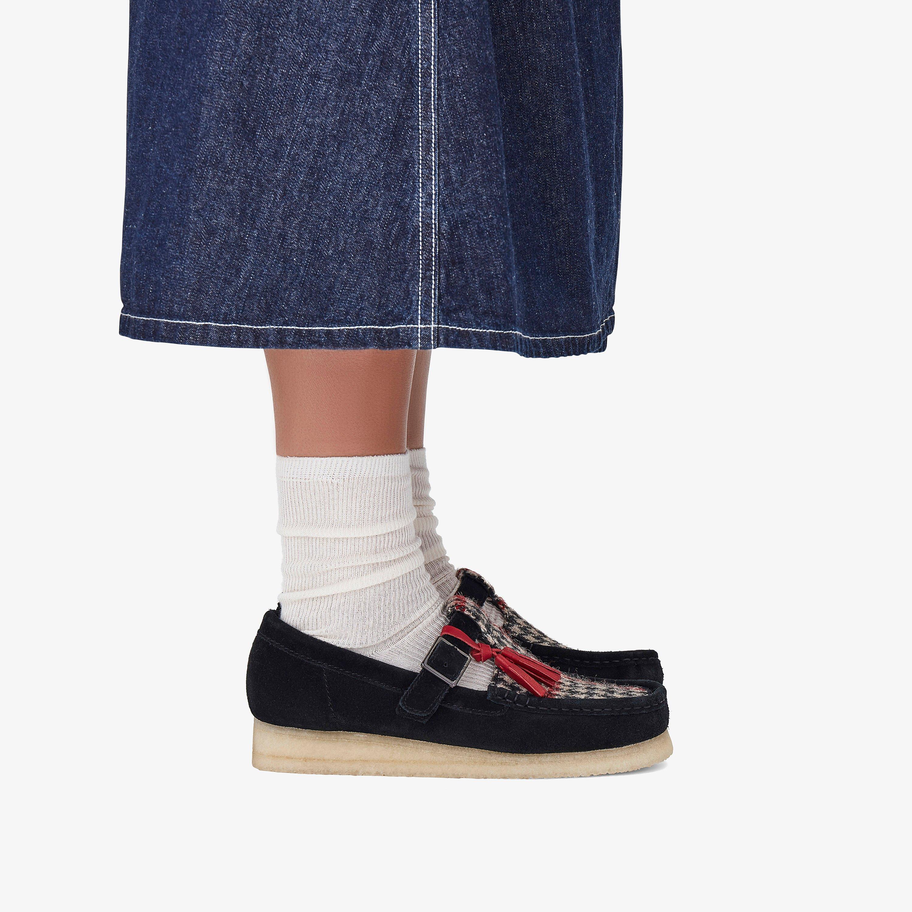 Womens Wallabee T Bar Black Tweed Combination T Bar Shoes | Clarks