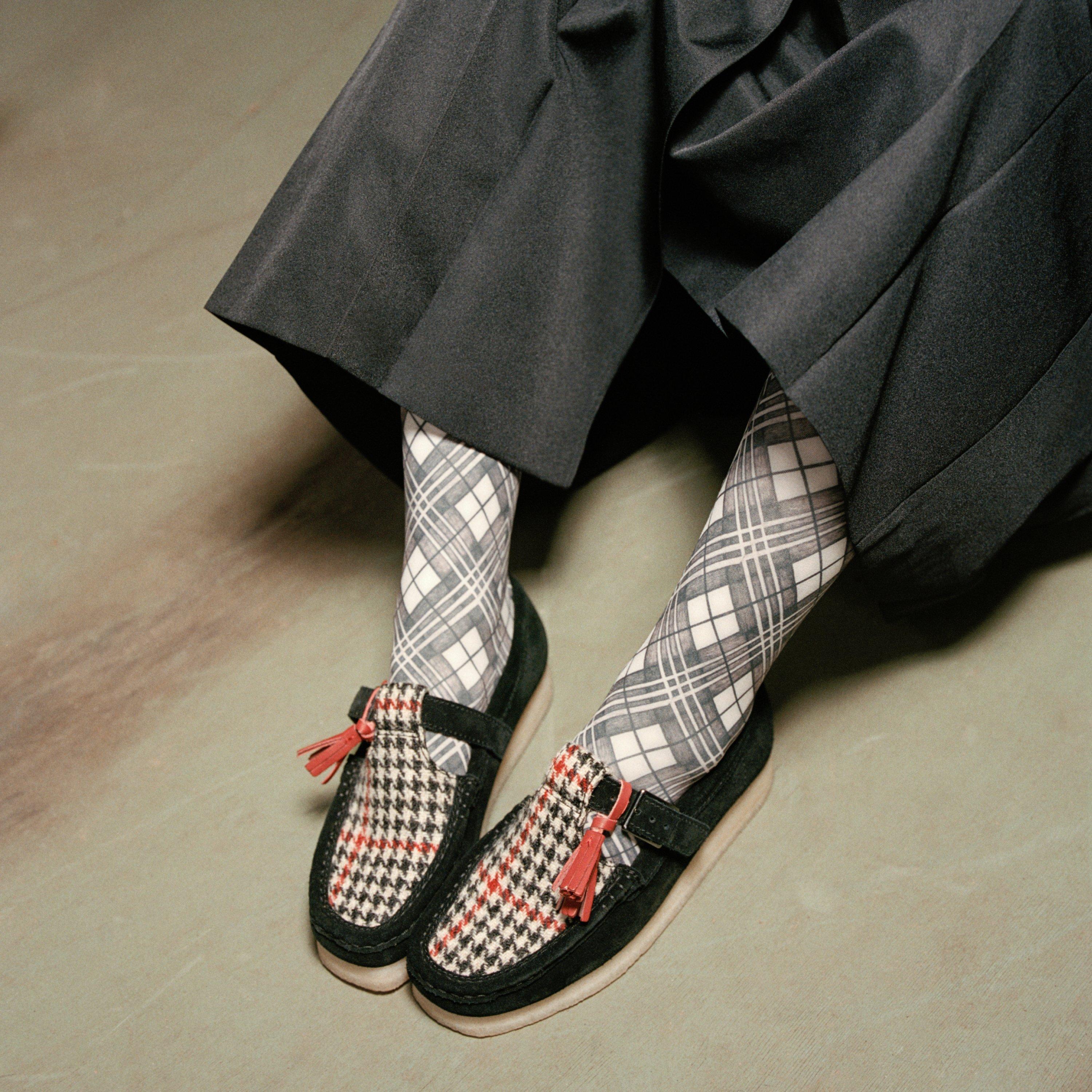 Womens Wallabee T Bar Black Tweed Combination T Bar Shoes | Clarks