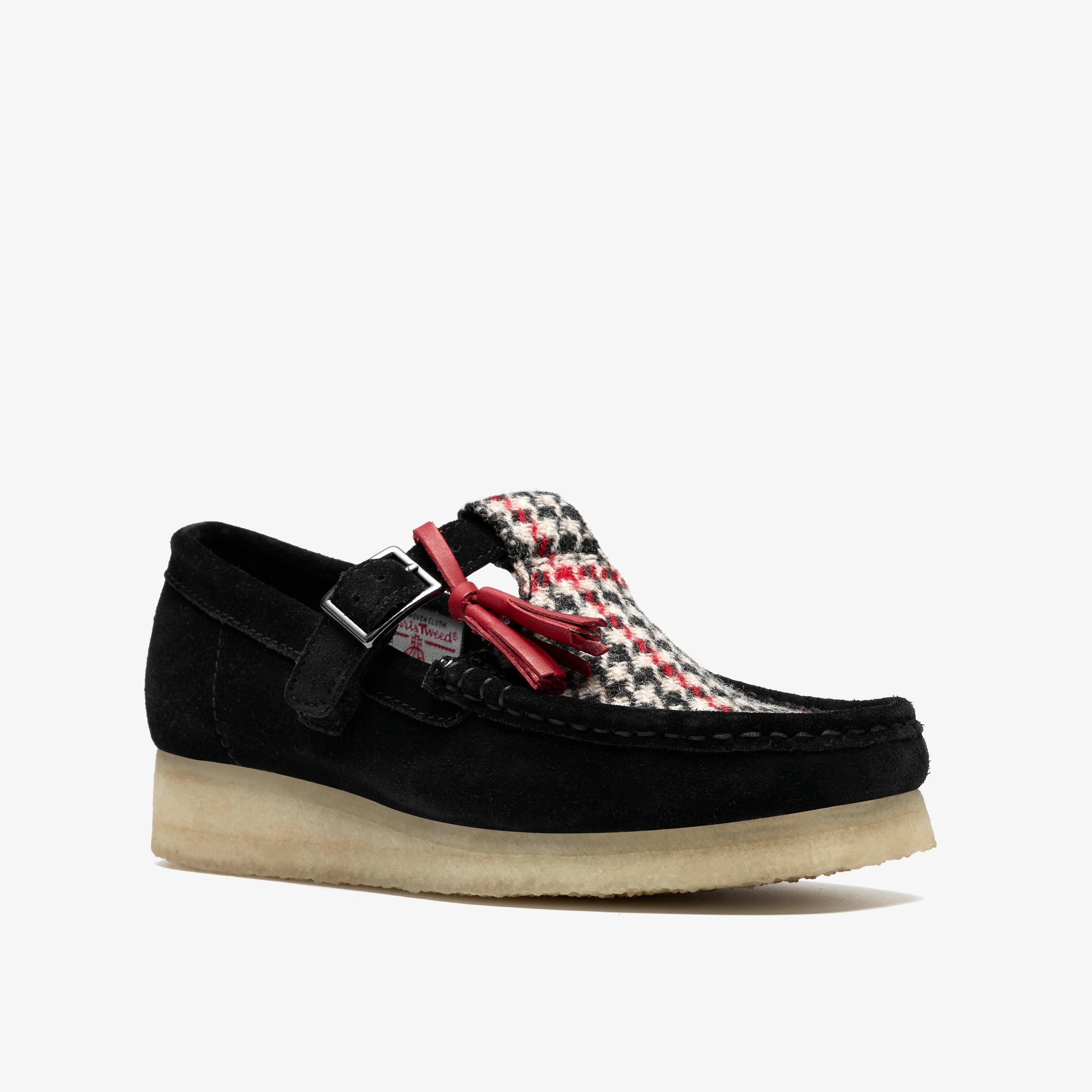 Womens Wallabee T Bar Black Tweed Combination T Bar Shoes | Clarks