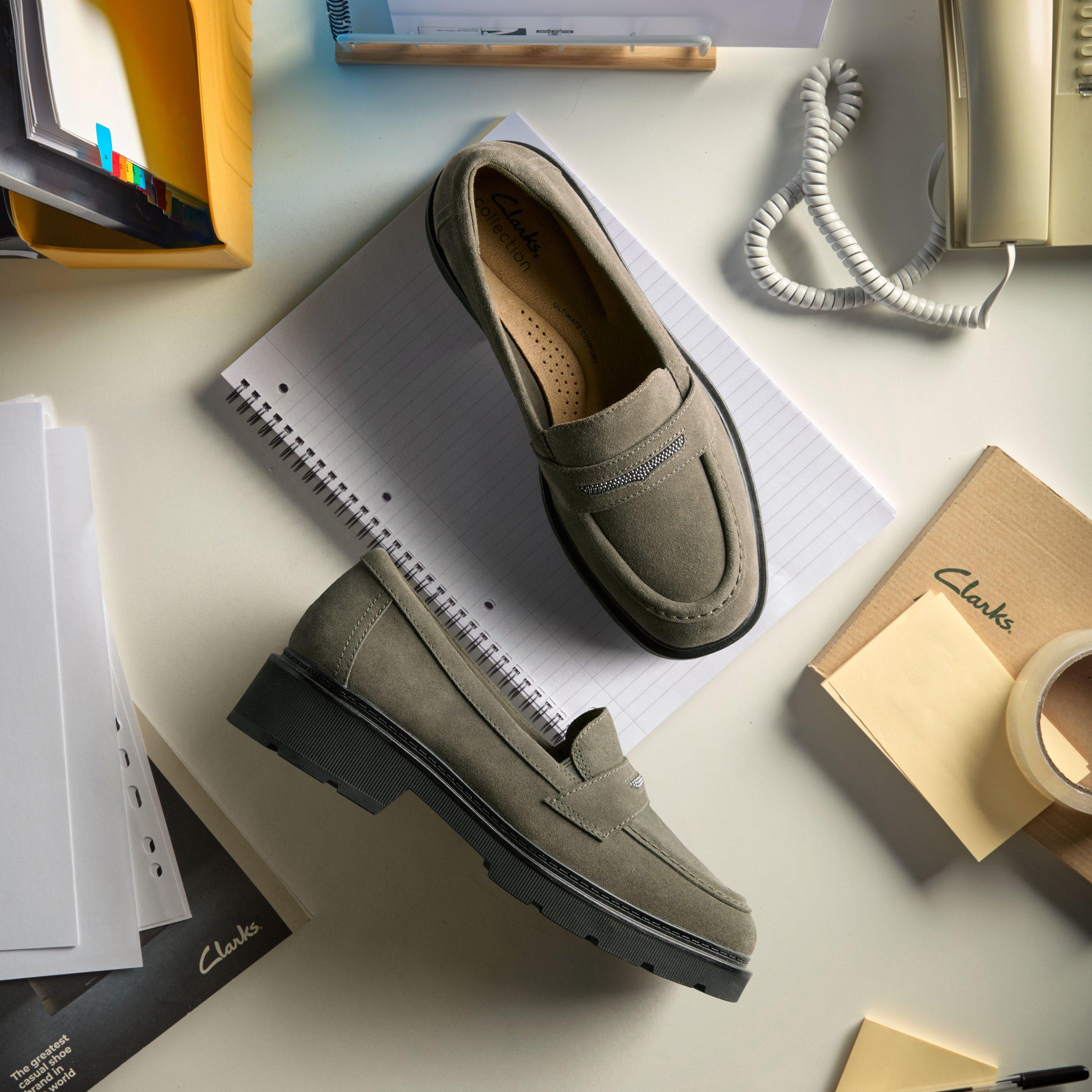 Womens Lauryl Step Dark Olive Suede Loafers Slip On Shoes | Clarks