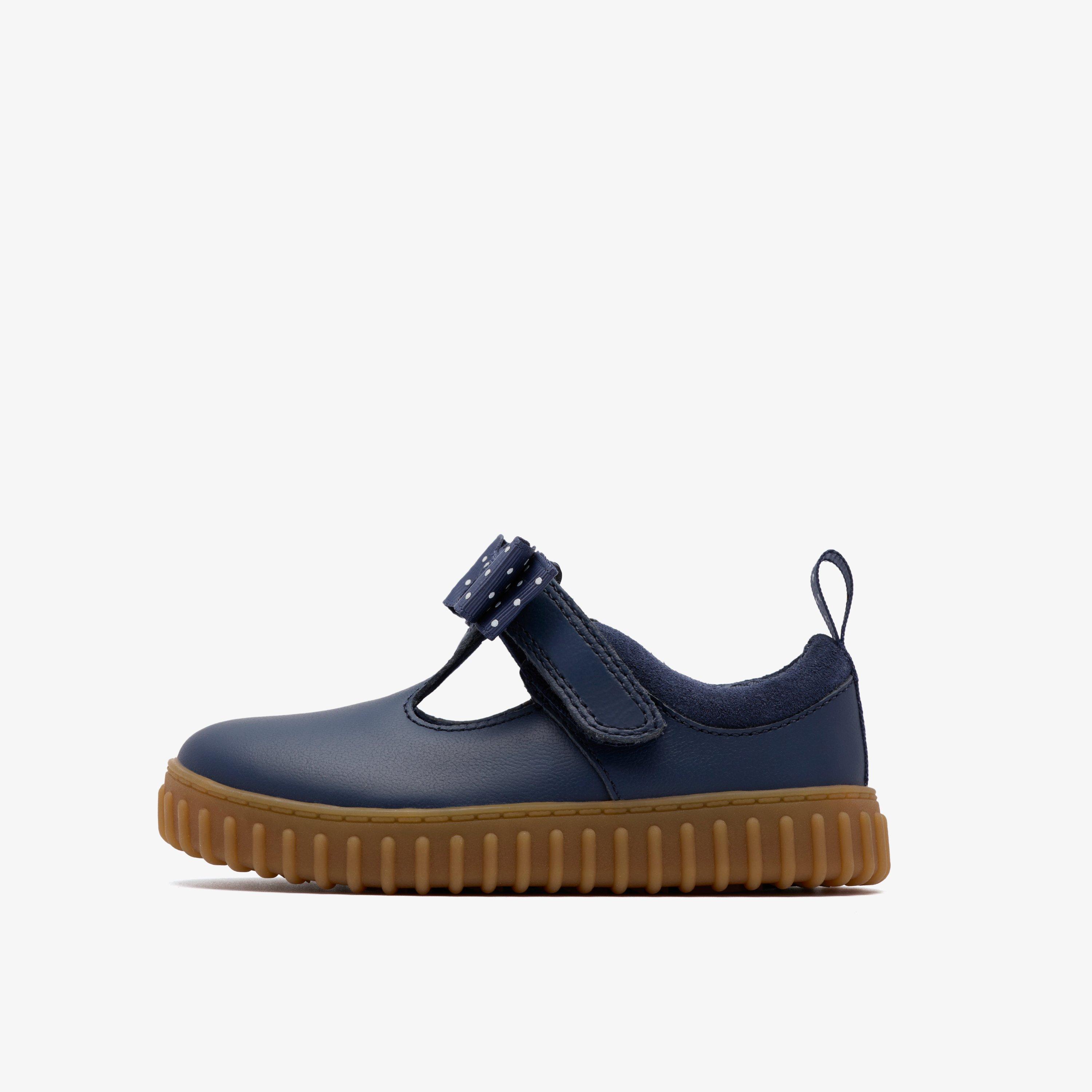Girls Cove Bow Toddler Navy Leather T Bar Shoes Riptape Shoes | Clarks