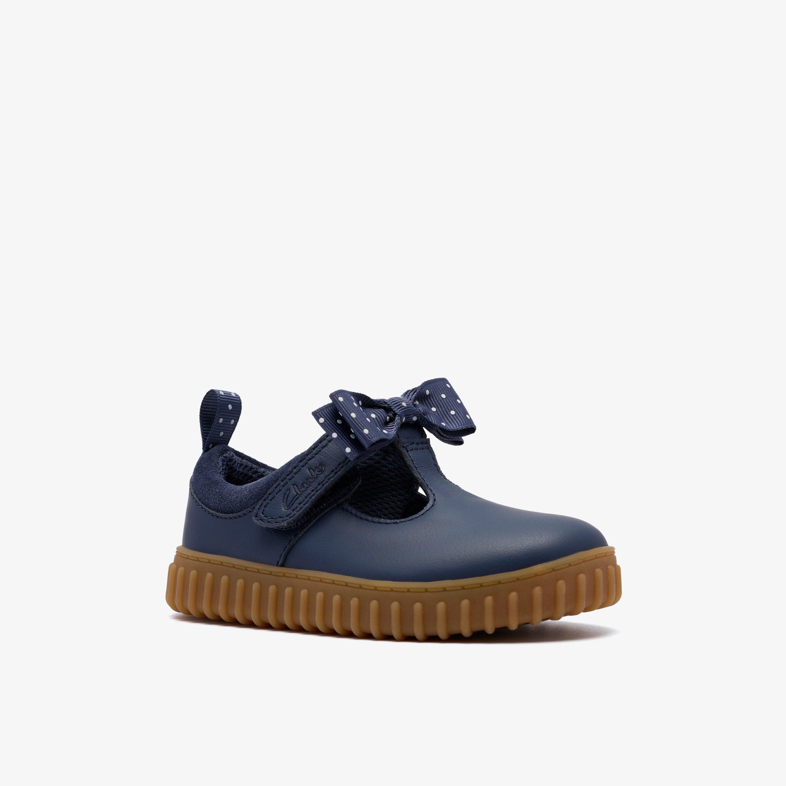 Girls Cove Bow Toddler Navy Leather T Bar Shoes, Riptape Shoes | Clarks UK
