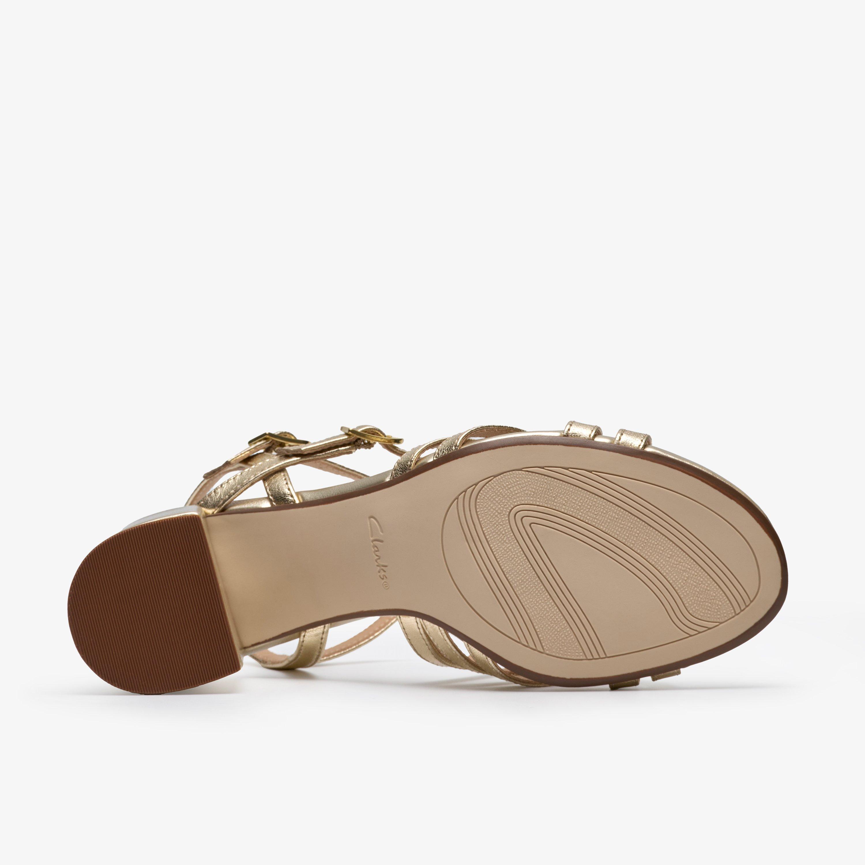 Womens Ezoria Strap Gold Leather Heeled Sandals | Clarks UK