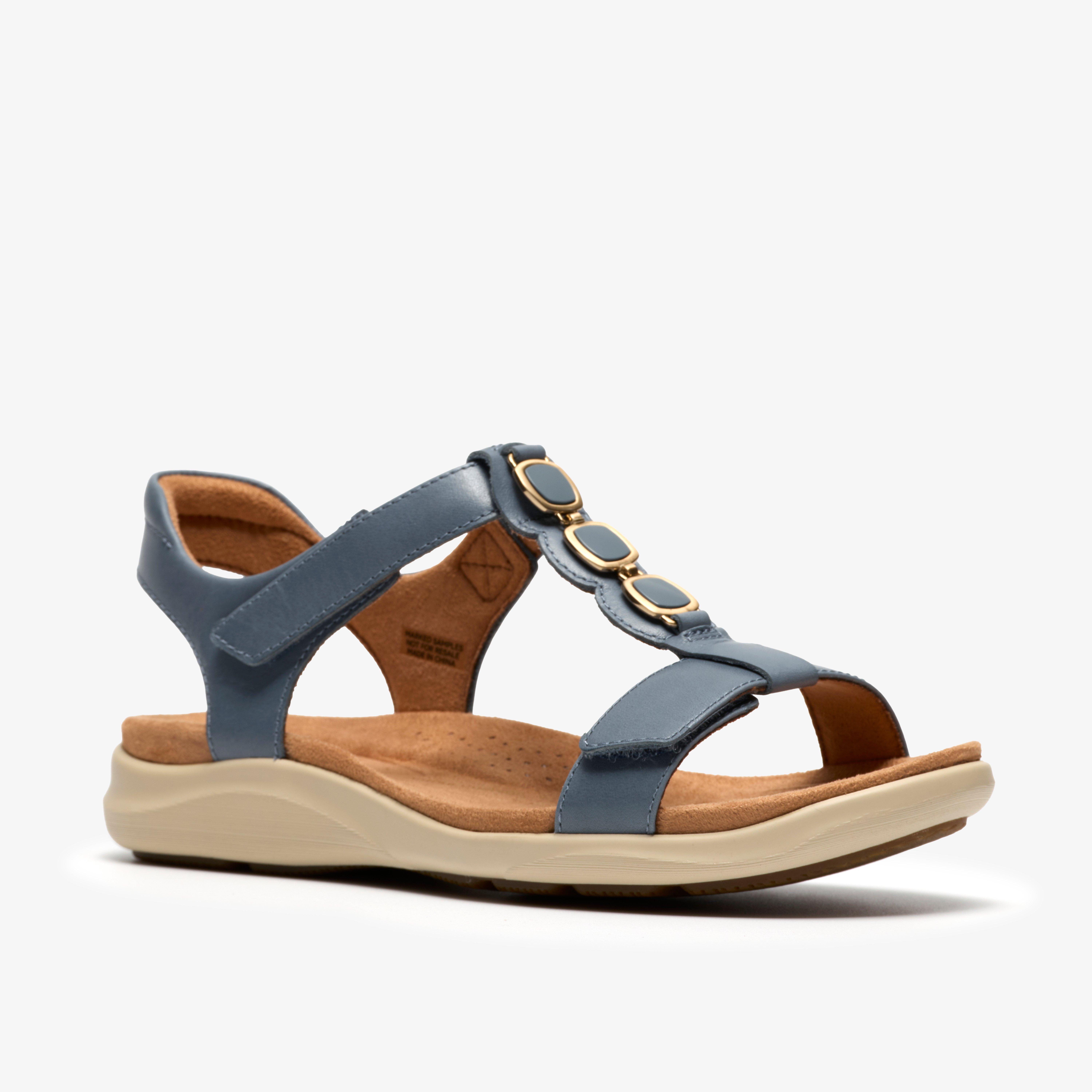 Womens Kitly Gem Denim Blue Leather Flat Sandals | Clarks