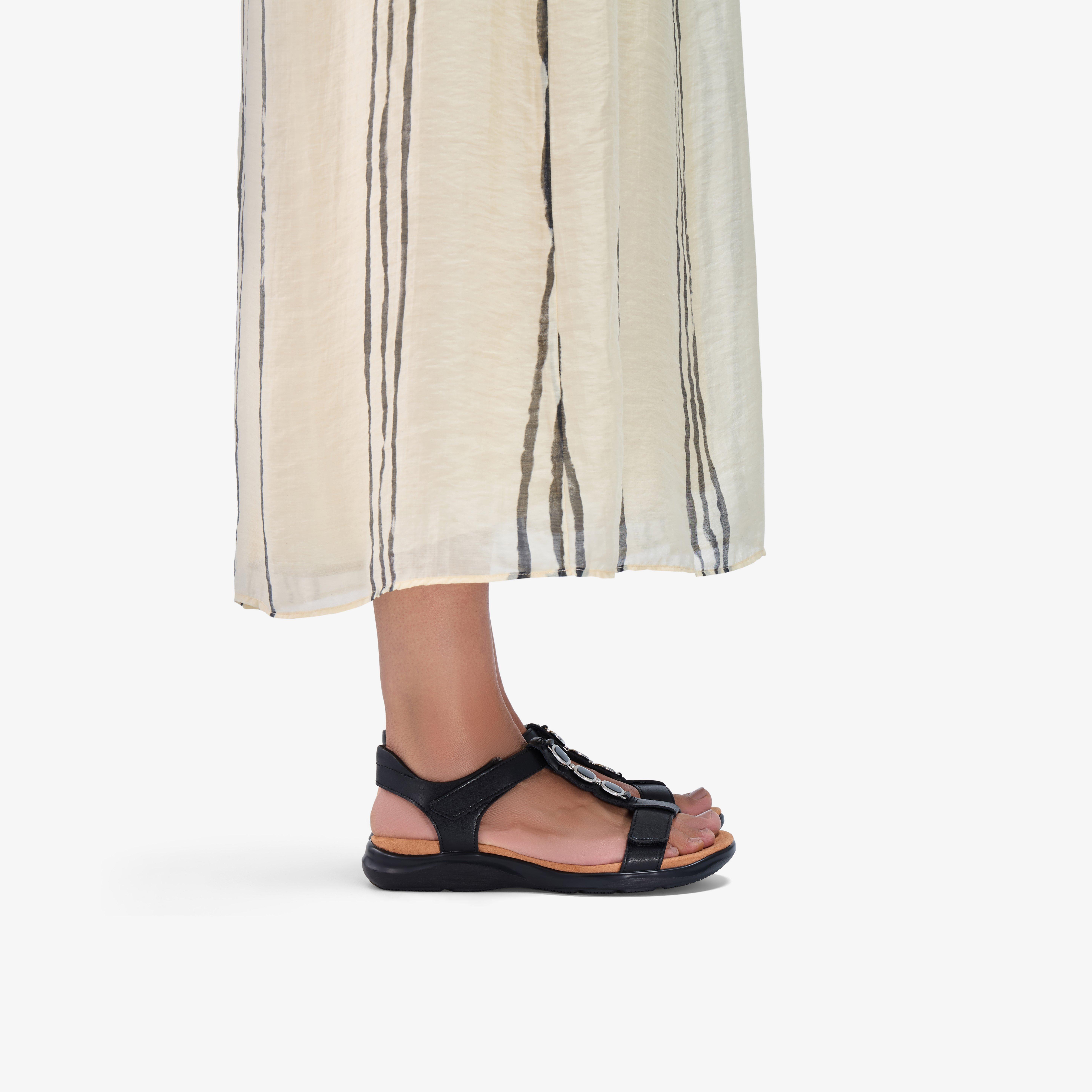 Womens Kitly Gem Black Leather Flat Sandals | Clarks