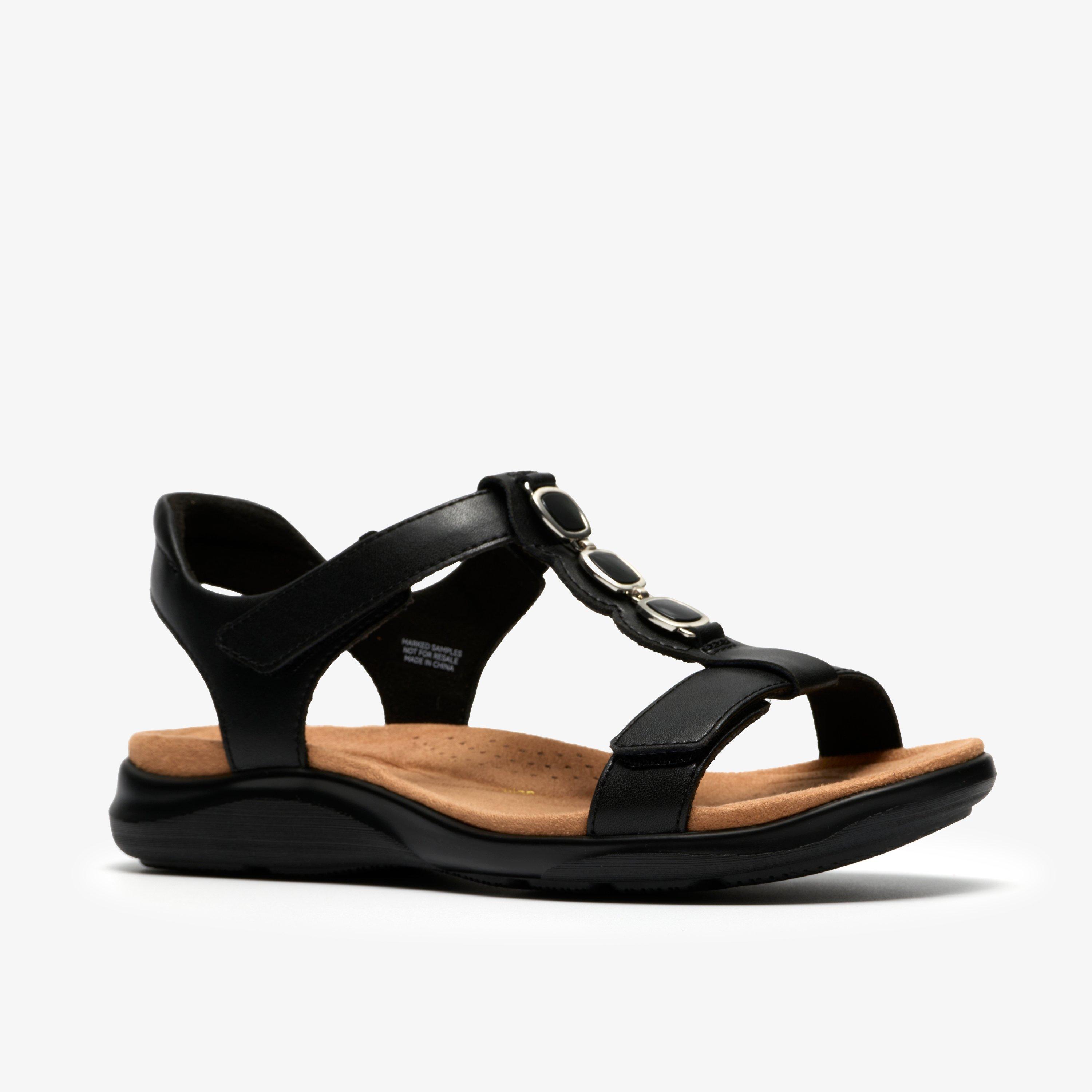 Womens Kitly Gem Black Leather Flat Sandals | Clarks