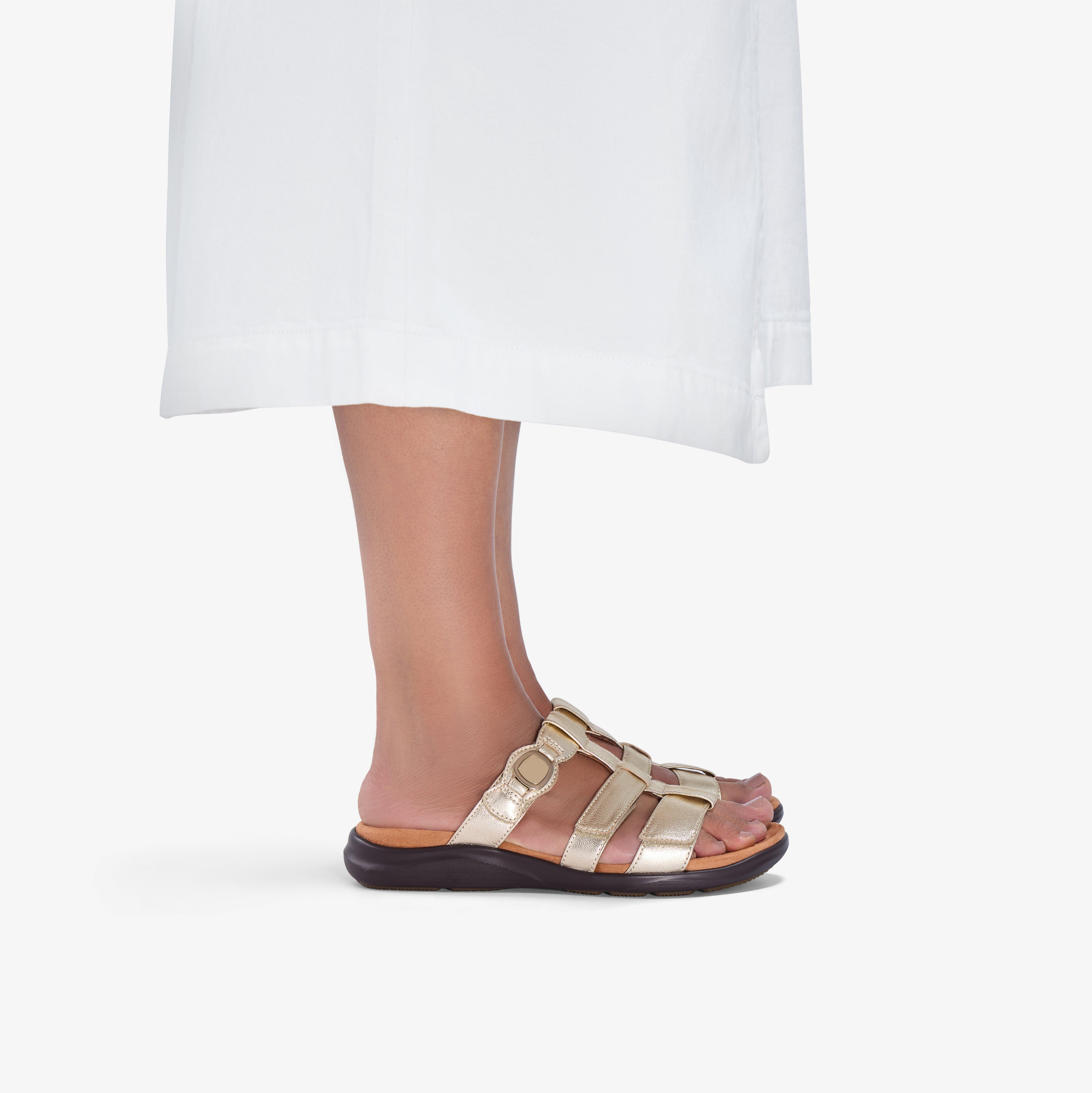 Womens Kitly Pearl Champagne Leather Flat Sandals | Clarks