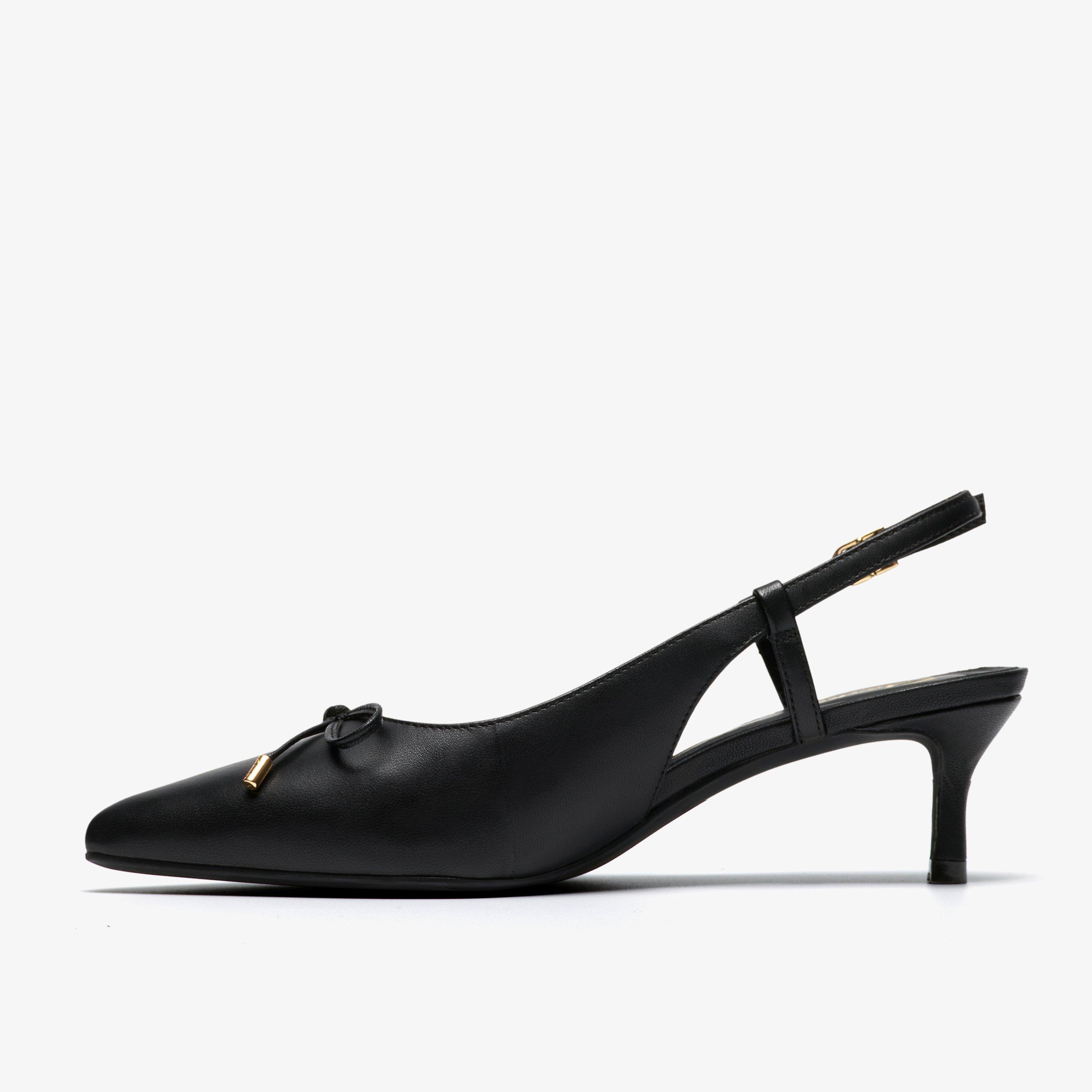 Womens Zarey Bow Black Leather Shoes High Heels, Sling Back | Clarks