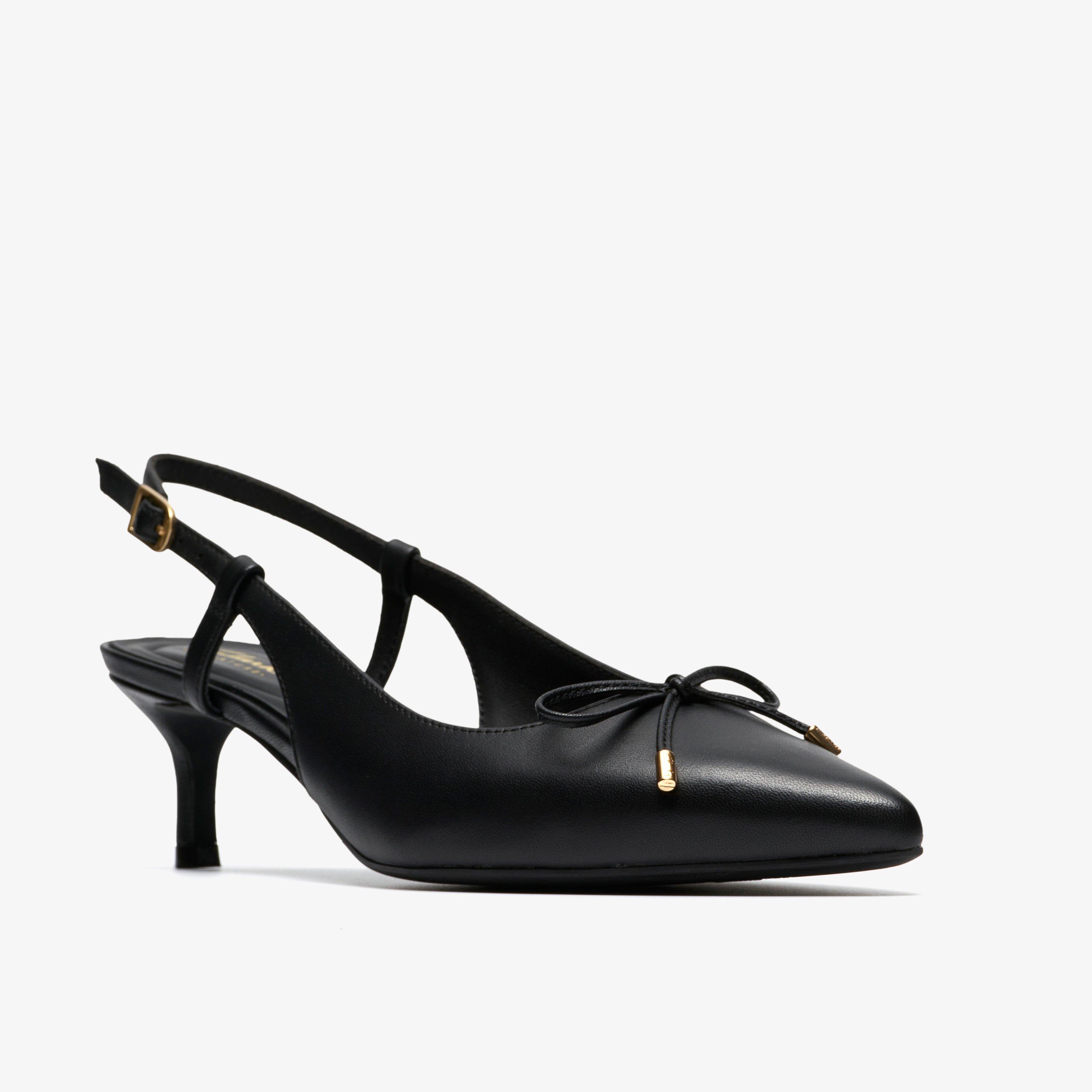 Womens Zarey Bow Black Leather Shoes High Heels, Sling Back | Clarks