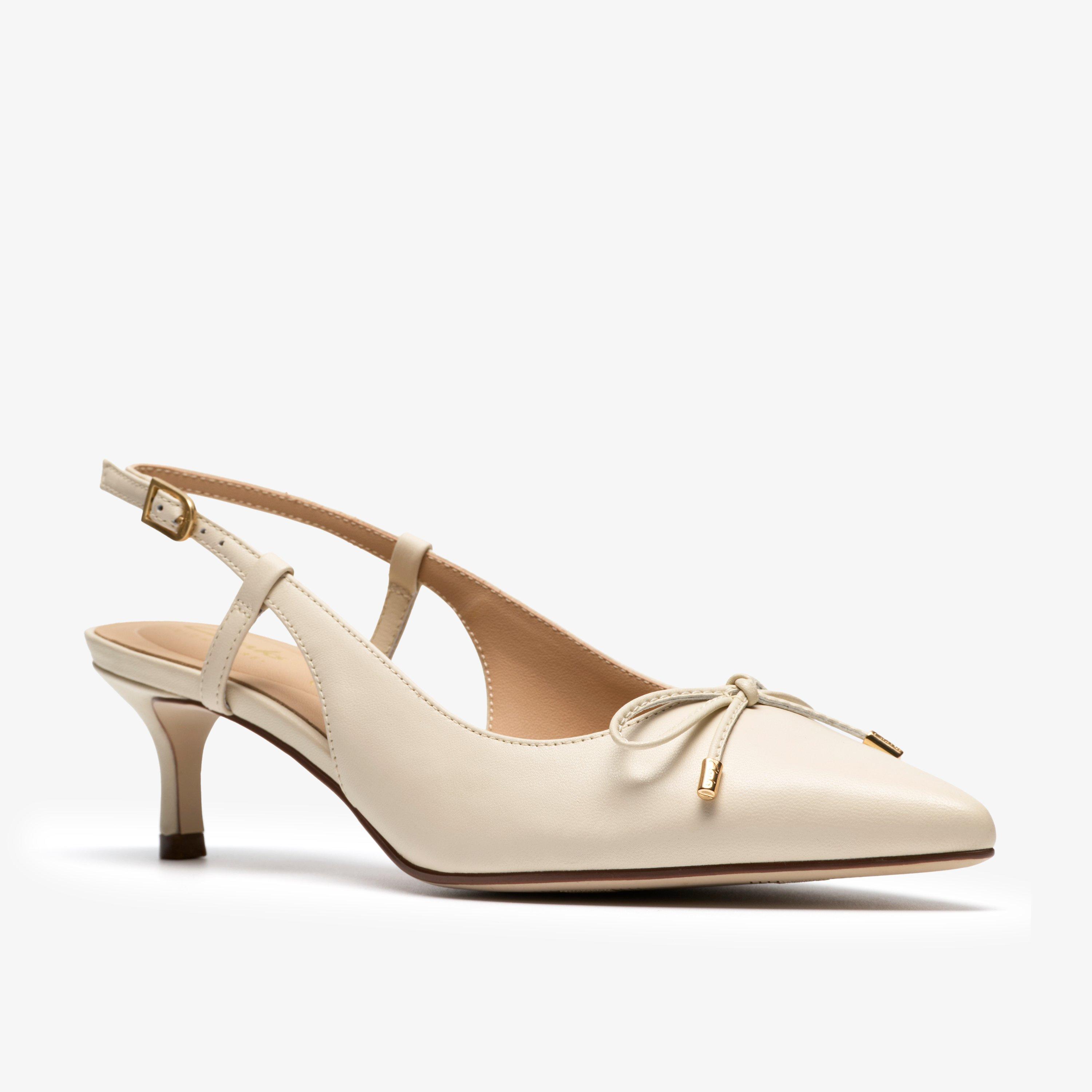 Womens Zarey Bow Cream Leather Shoes High Heels, Sling Back | Clarks